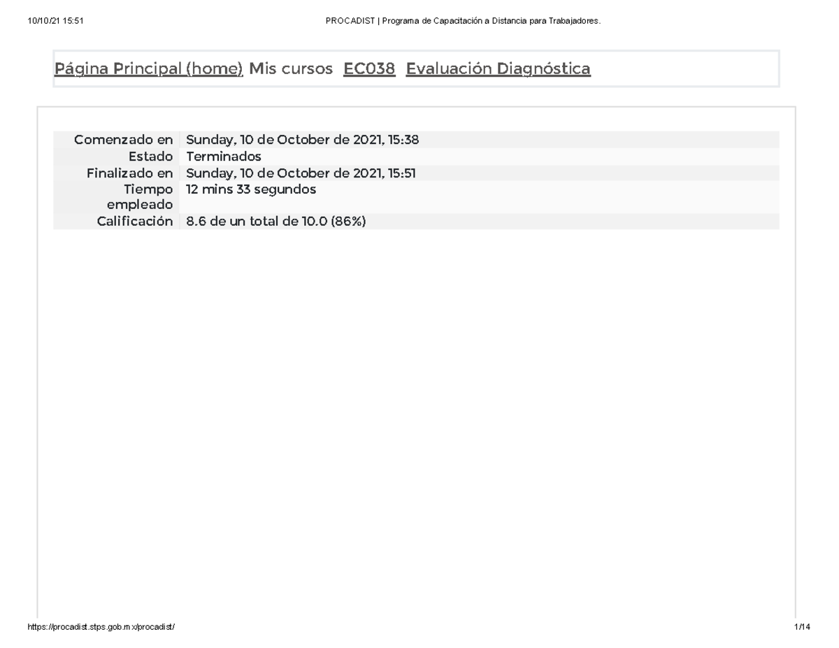 EC038 Atencion a comensales - Página Principal (home) Mis cursos EC038 Evaluación Diagnóstica ...