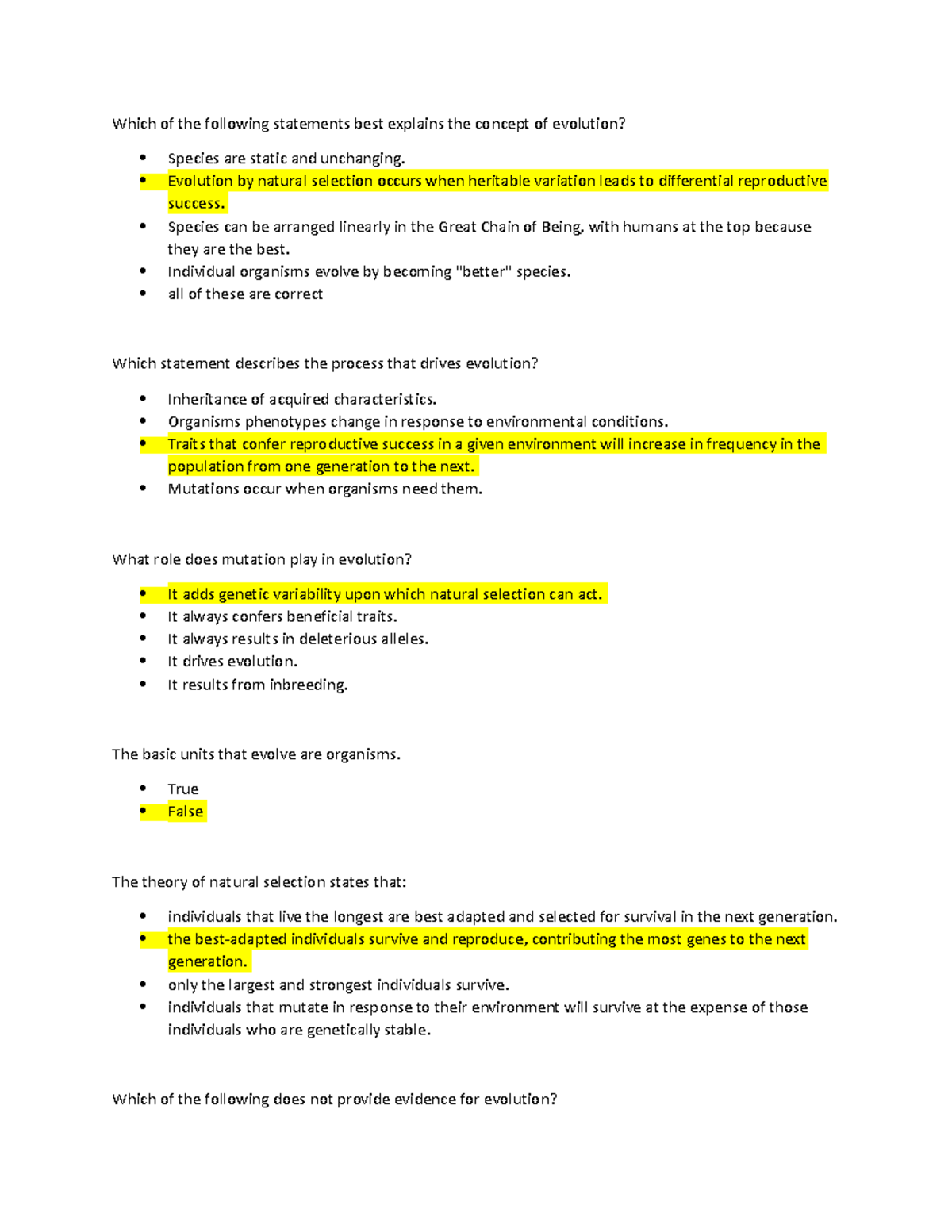 Evolution Study Guide - Which of the following statements best explains ...