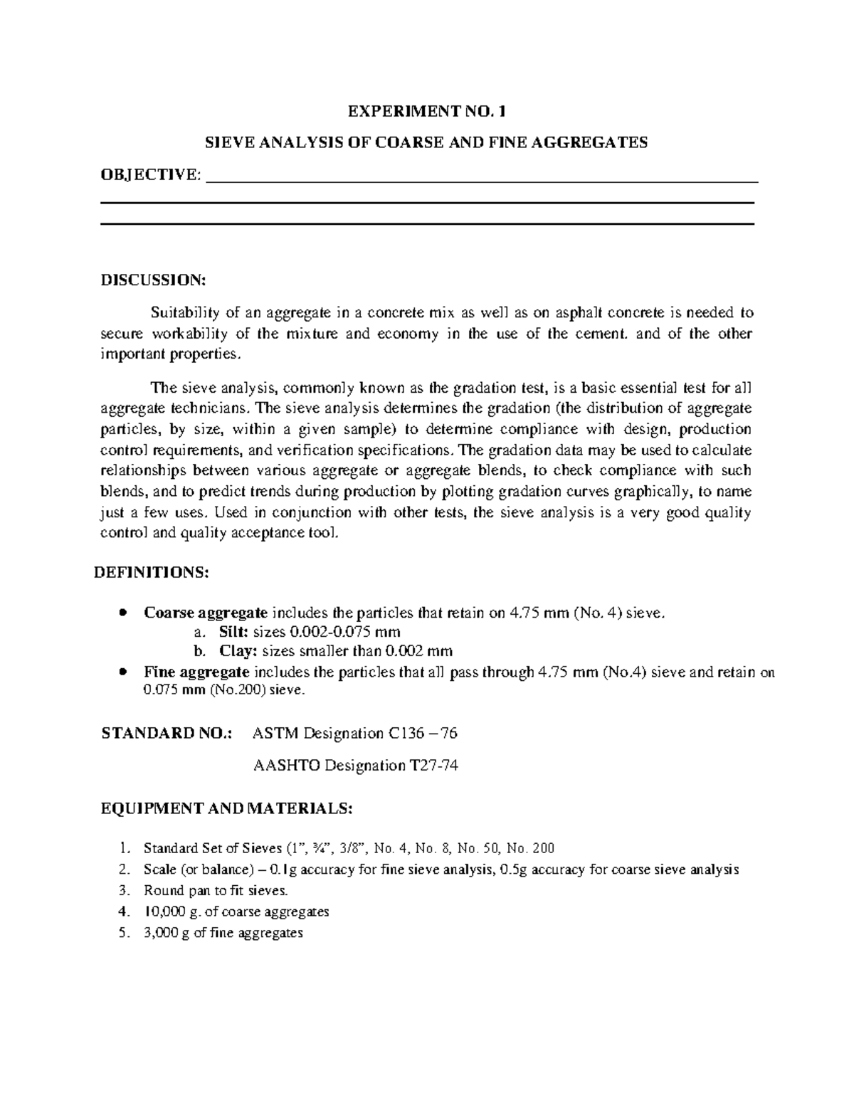 Environmental Case Study - EXPERIMENT NO. 1 SIEVE ANALYSIS OF COARSE ...