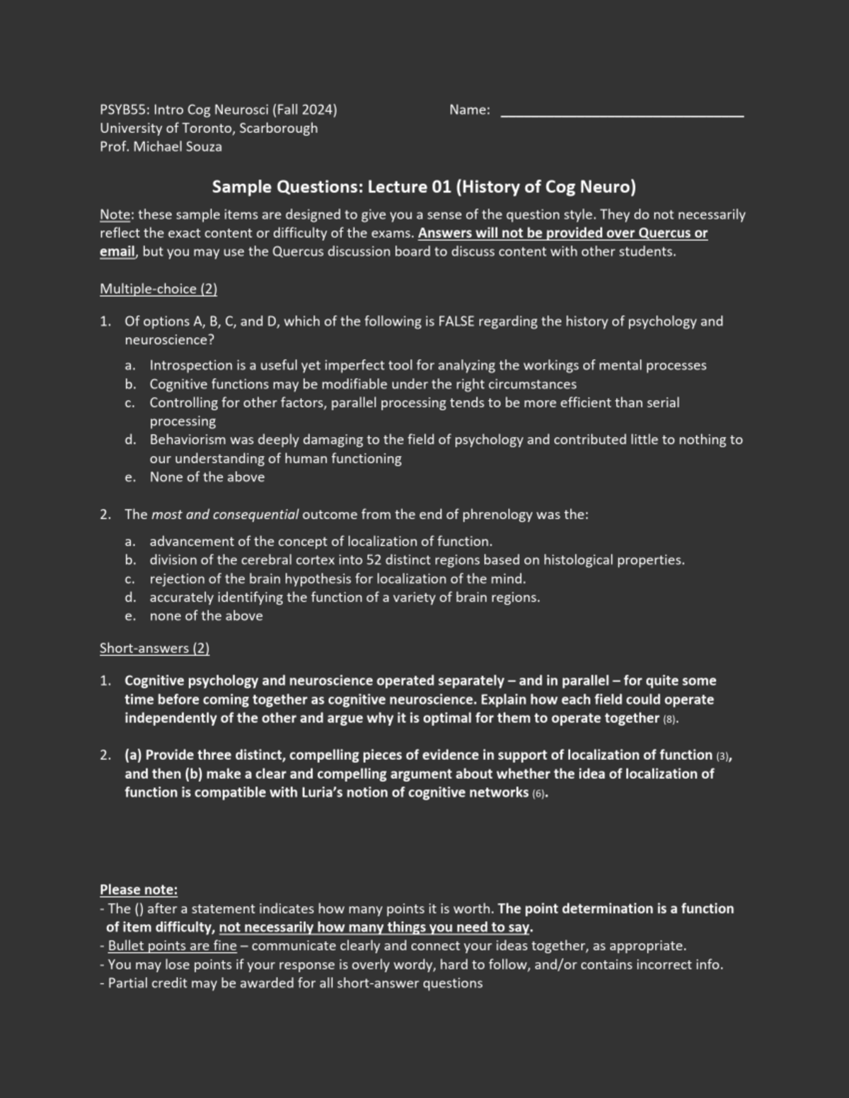 Cog neuro - Practice questions - PSYB55: Intro Cog Neurosci (Fall 2024 ...