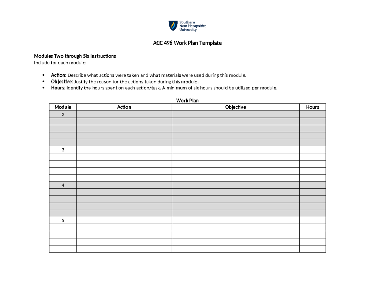 ACC 496 Work Plan Template - introduction of Financial Accounting - ACC ...