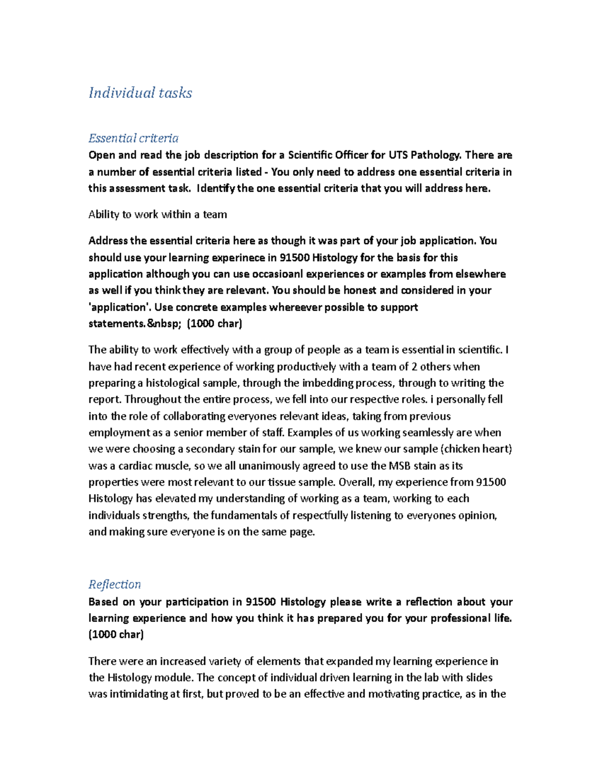 Individual Task - Individual tasks Essential criteria Open and read the ...