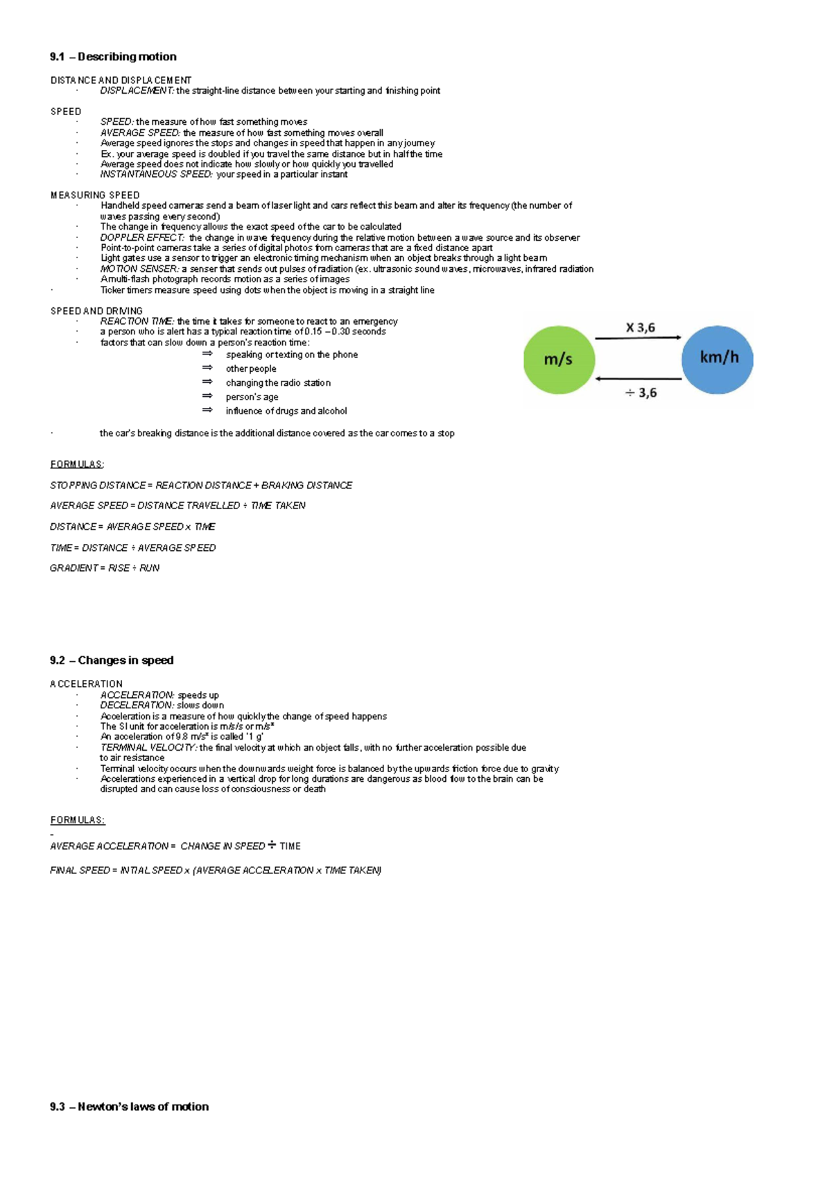 Science chapter 9 notes - 9 – Describing motion DISTANCE AND ...