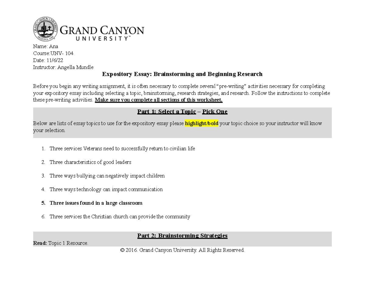 UNV-104 T1 Brainstorming and Beginning Research - Name: Ana Course:UNV ...