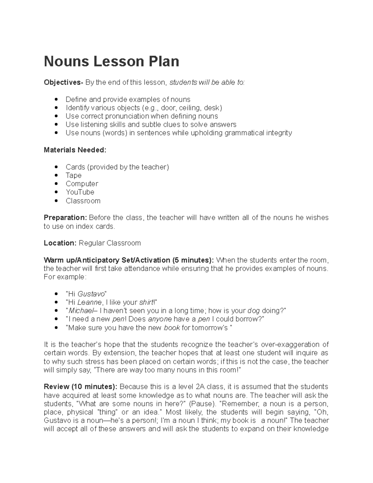 Nouns Lesson Plan - aadsadsa - Nouns Lesson Plan Objectives- By the end ...
