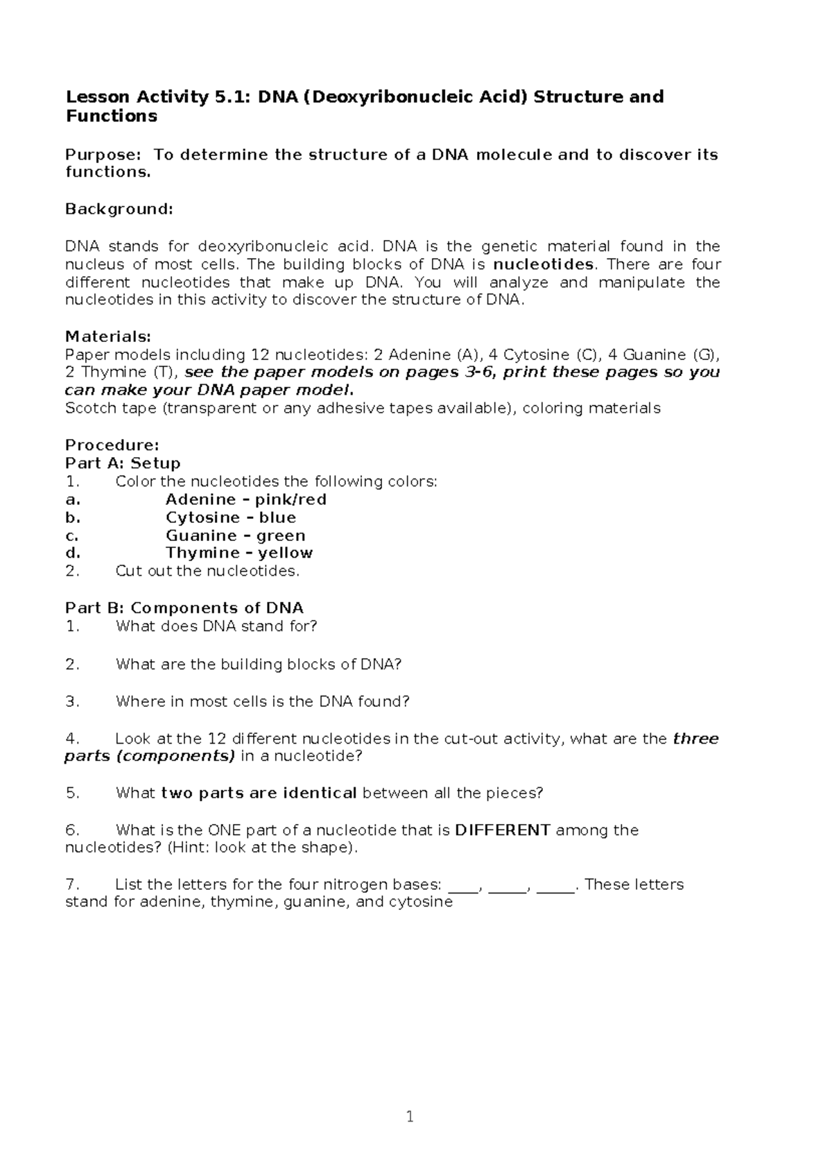 DNA Cut Out Activity - peta - Lesson Activity 5: DNA (Deoxyribonucleic ...