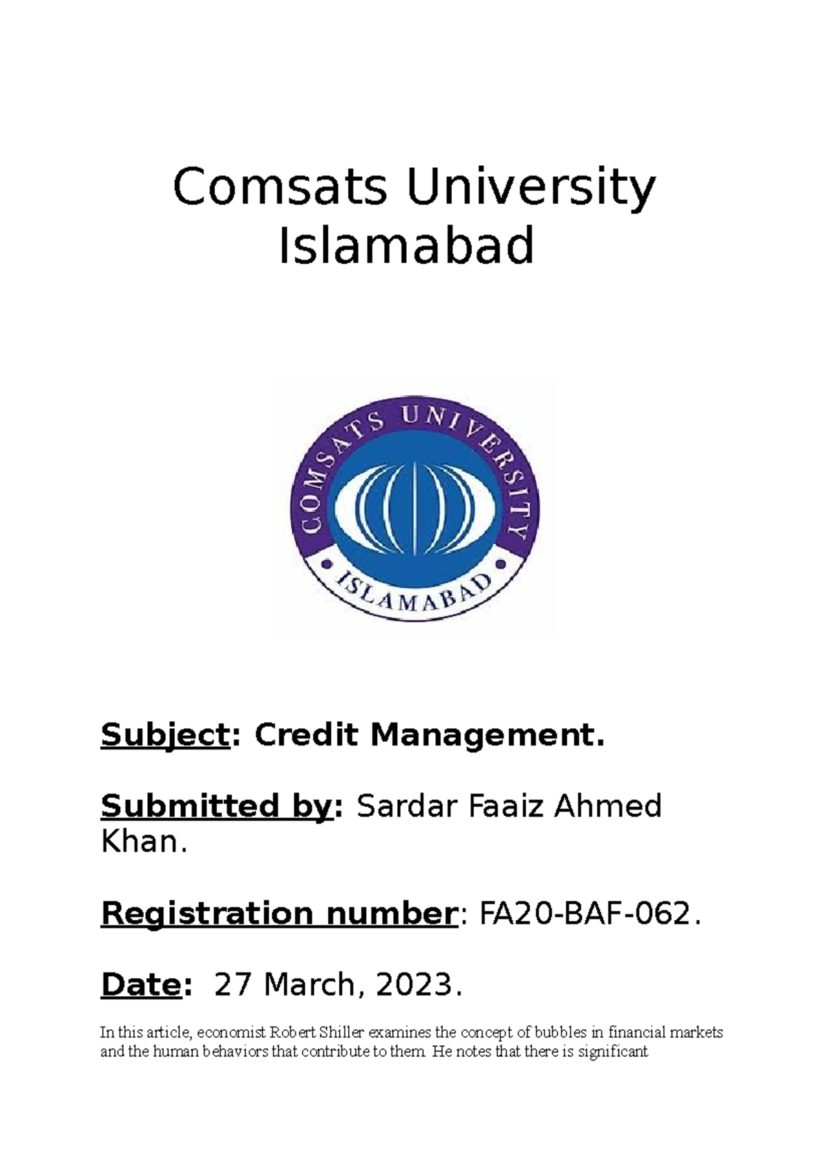 CM 4th Assignment - Comsats University Islamabad Subject: Credit ...