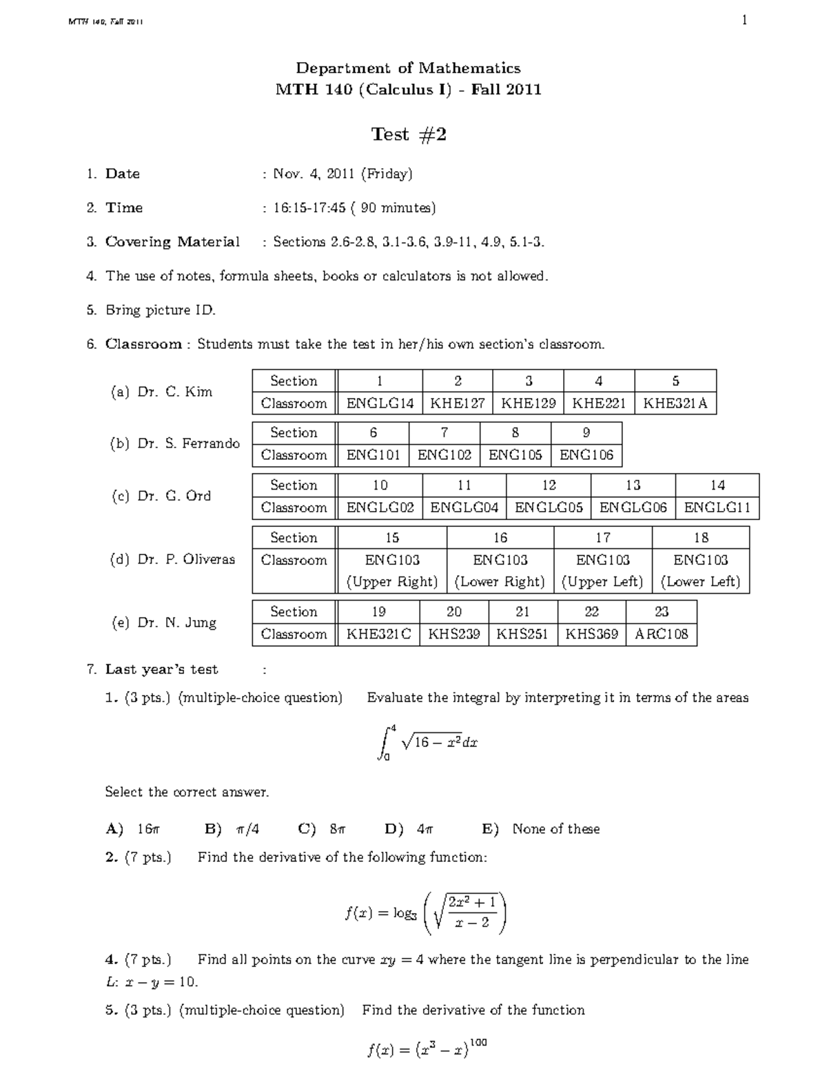 Midterm 14 March 2013, questions and answers - 1 MTH 140, Fall 2011 ...