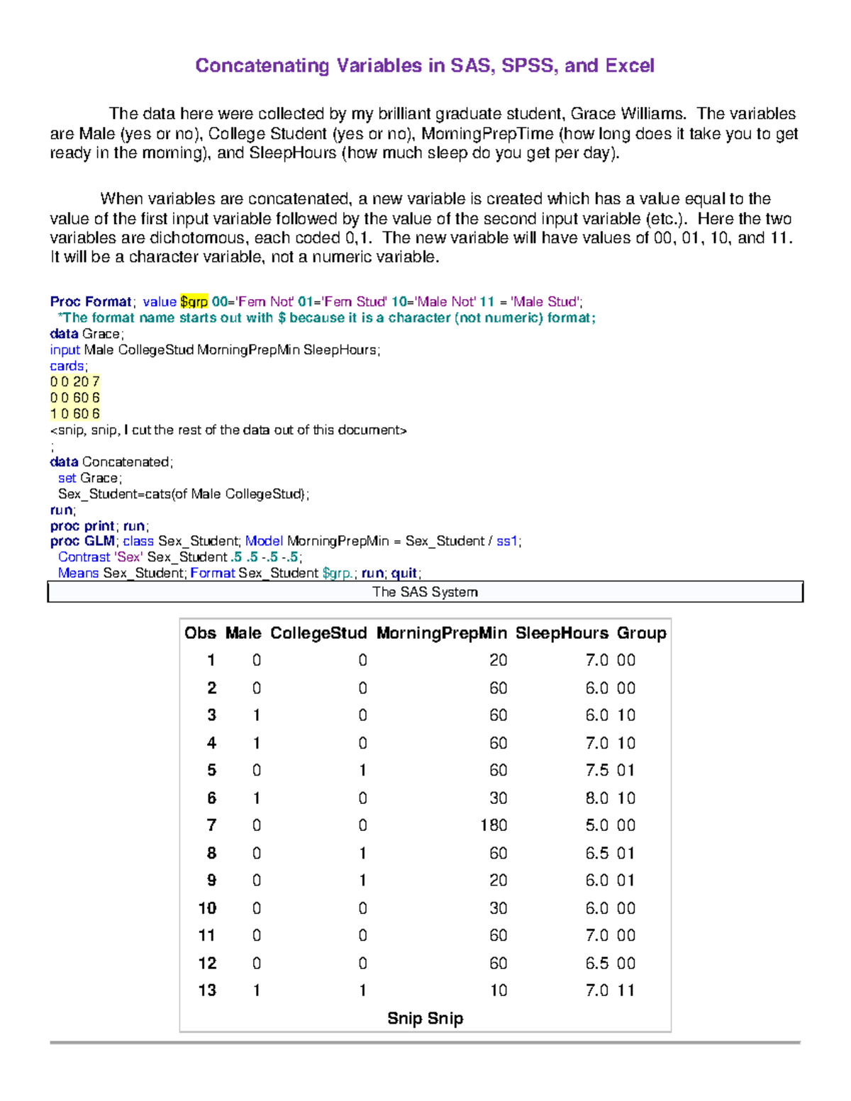 Concatenating Variables In Sas Spss And Excel The Variables Are Male Yes Or No College