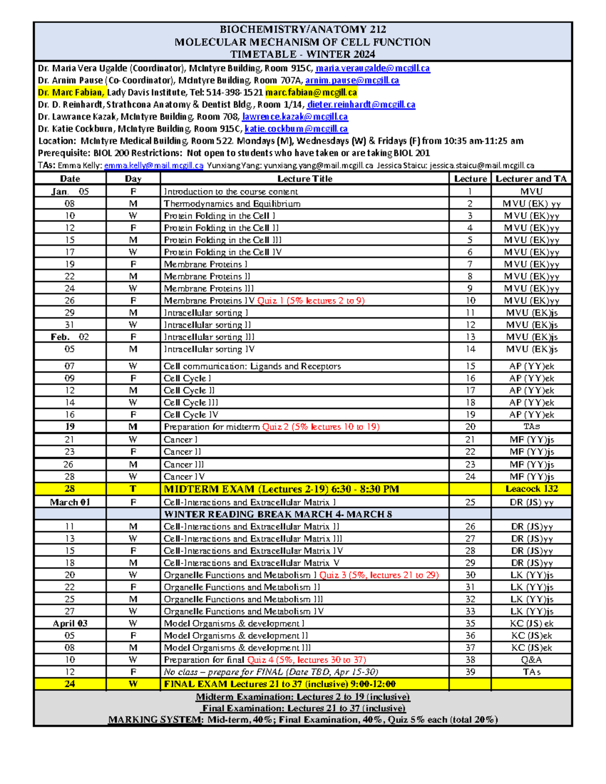 BIOC 212 timetable - BIOCHEMISTRY/ANATOMY 212 MOLECULAR MECHANISM OF ...