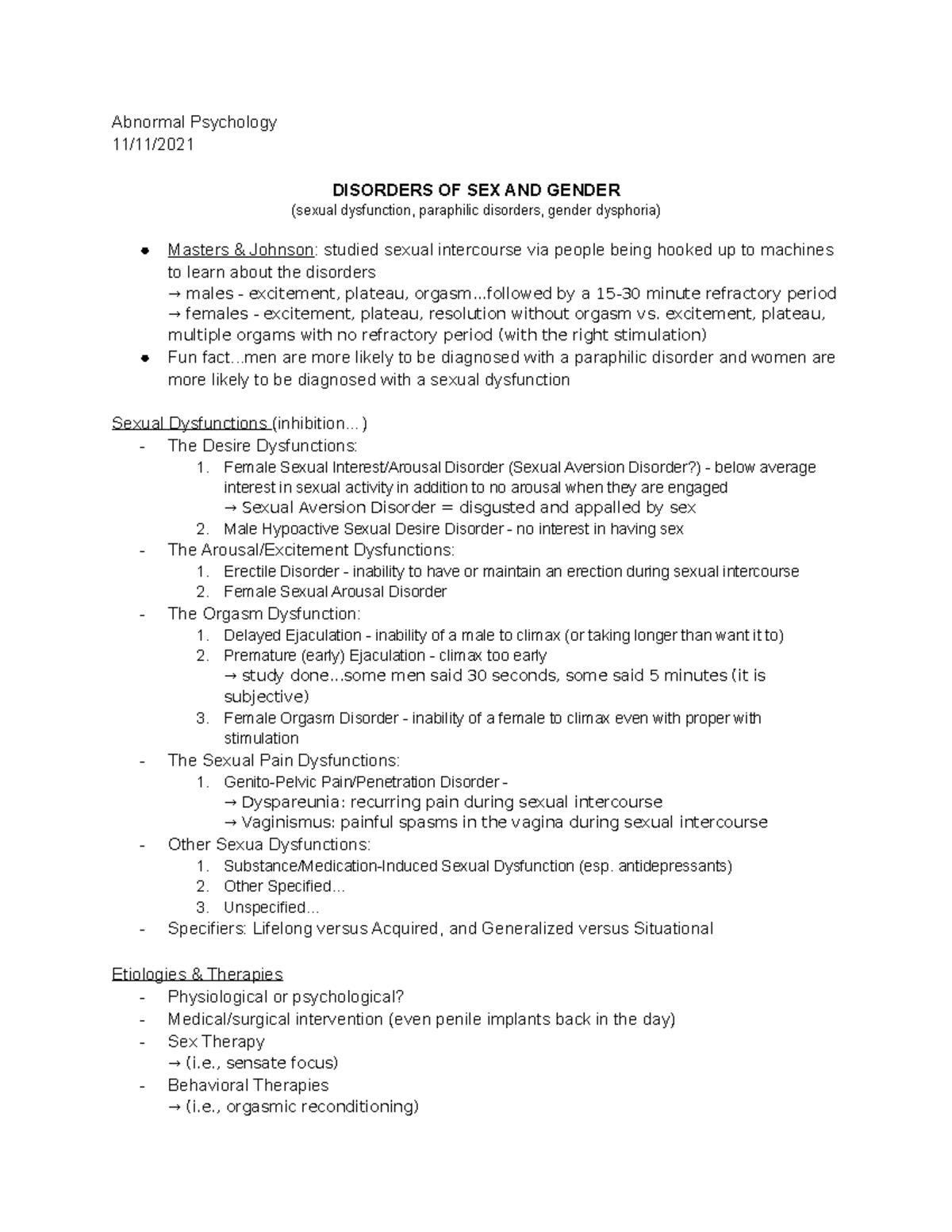 AP Notes 11 11 - Abnormal Psychology 11/11/ DISORDERS OF SEX AND GENDER ...