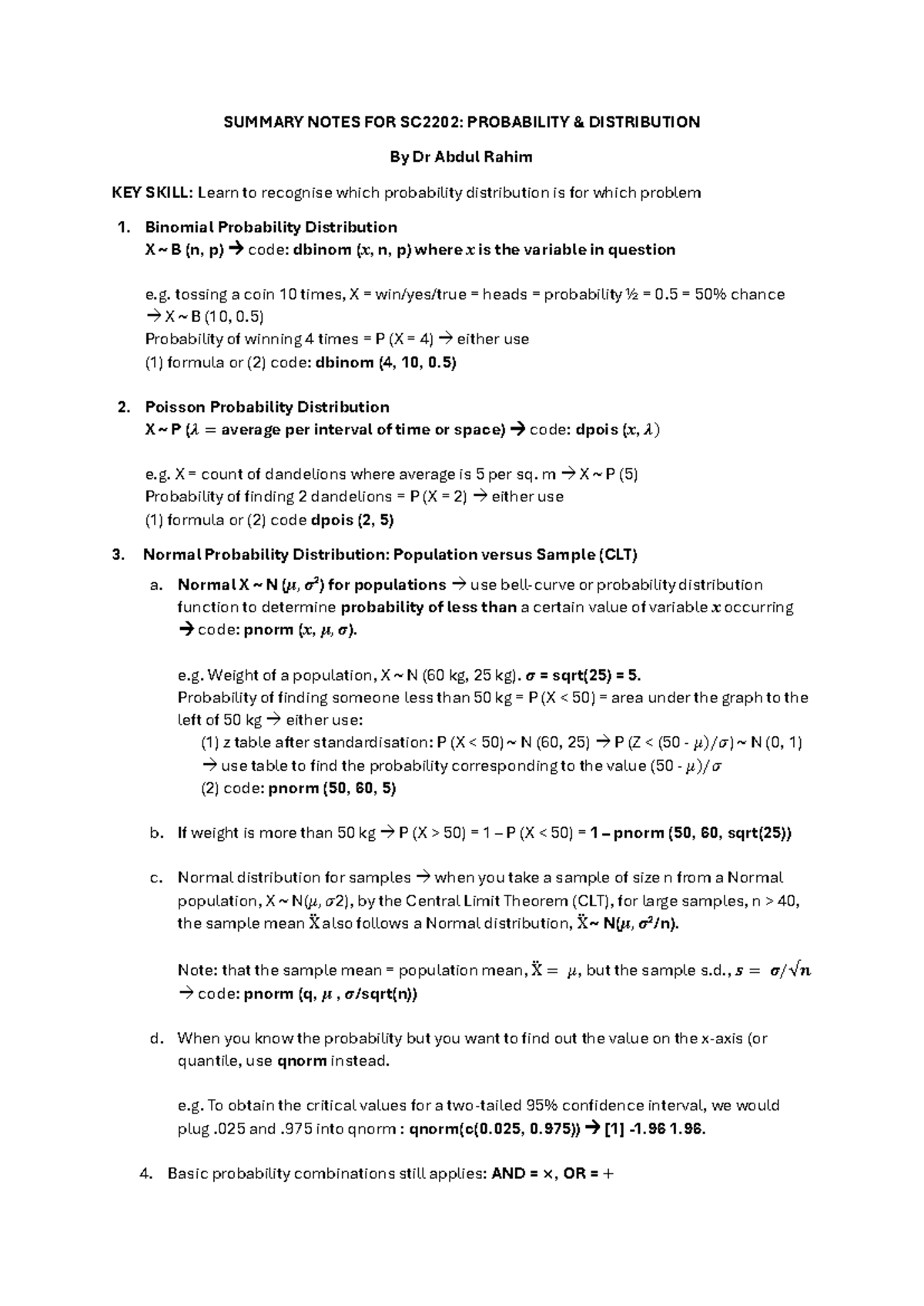 SC2202 N Wk4 Probability Distributions - SUMMARY NOTES FOR SC2202 ...