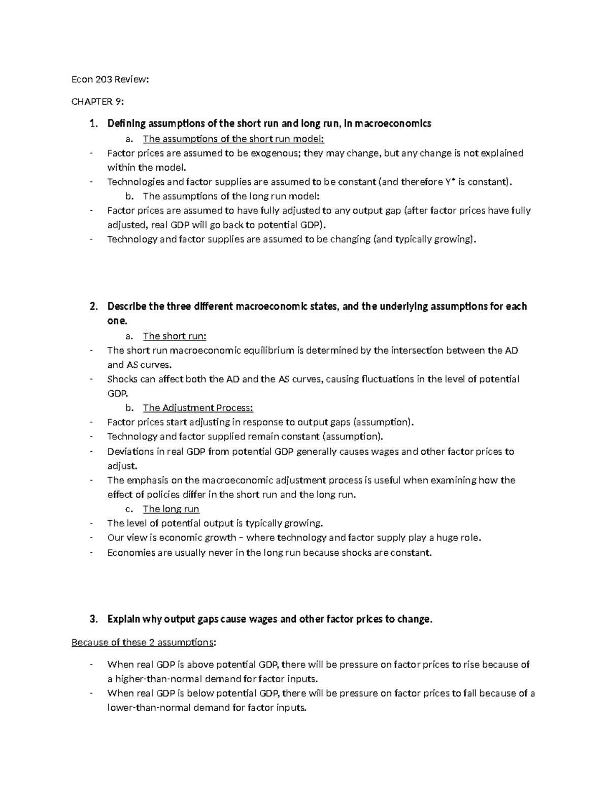 Econ 203 Review - Econ 203 Review: CHAPTER 9: 1. Defining assumptions ...