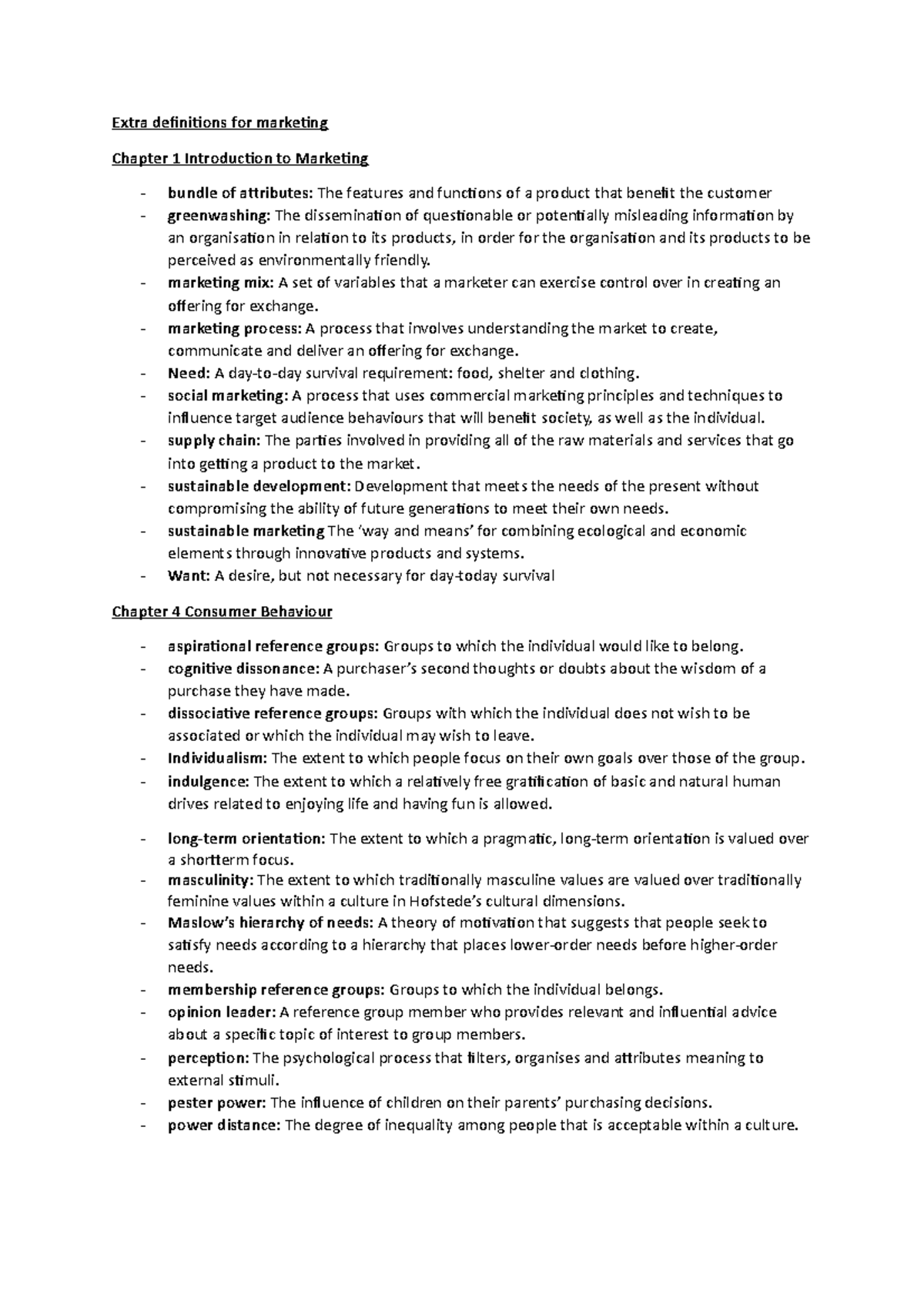 Extra definitions for marketing - MKTG101 - USyd - Studocu