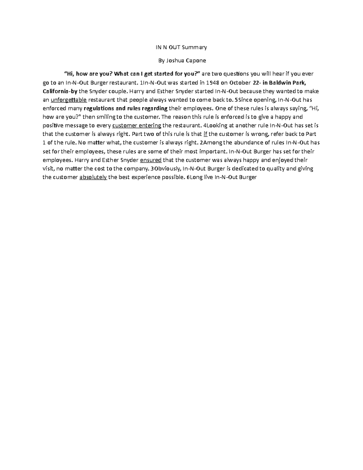 In n Out burger summary paper - IN N OUT Summary By Joshua Capone “Hi ...