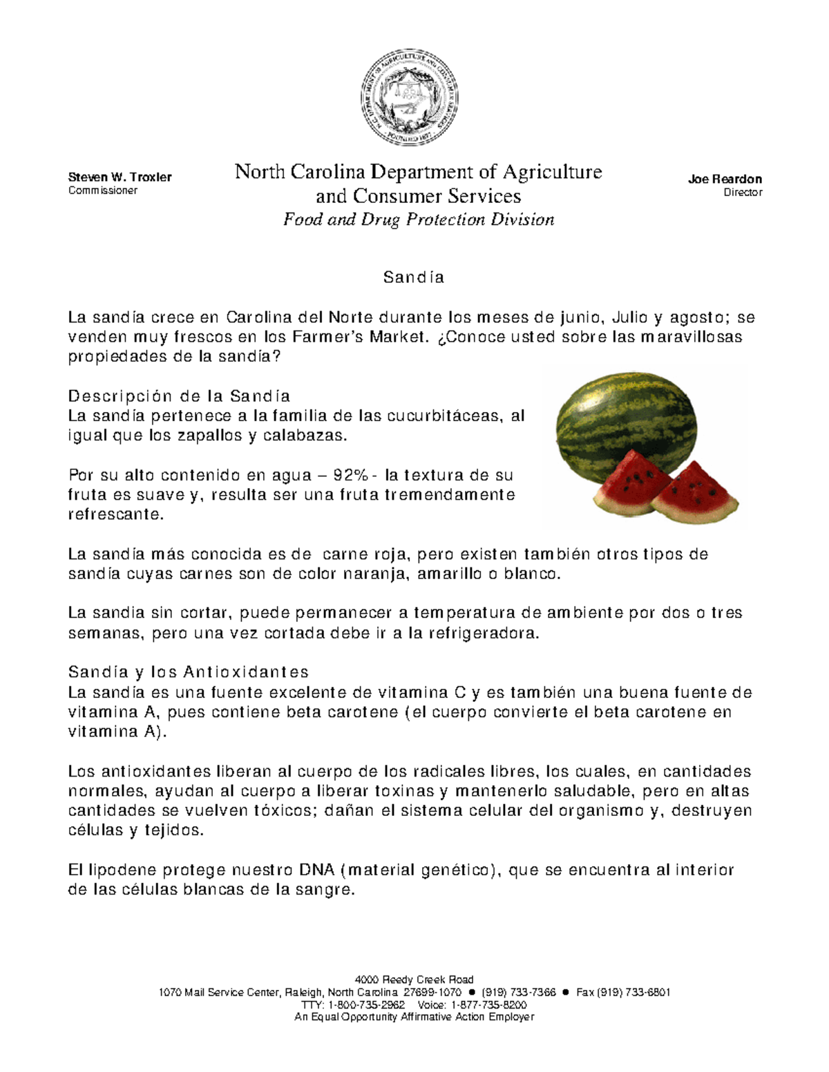 Sandias - Steven W. Troxler Commissioner North Carolina Department of ...