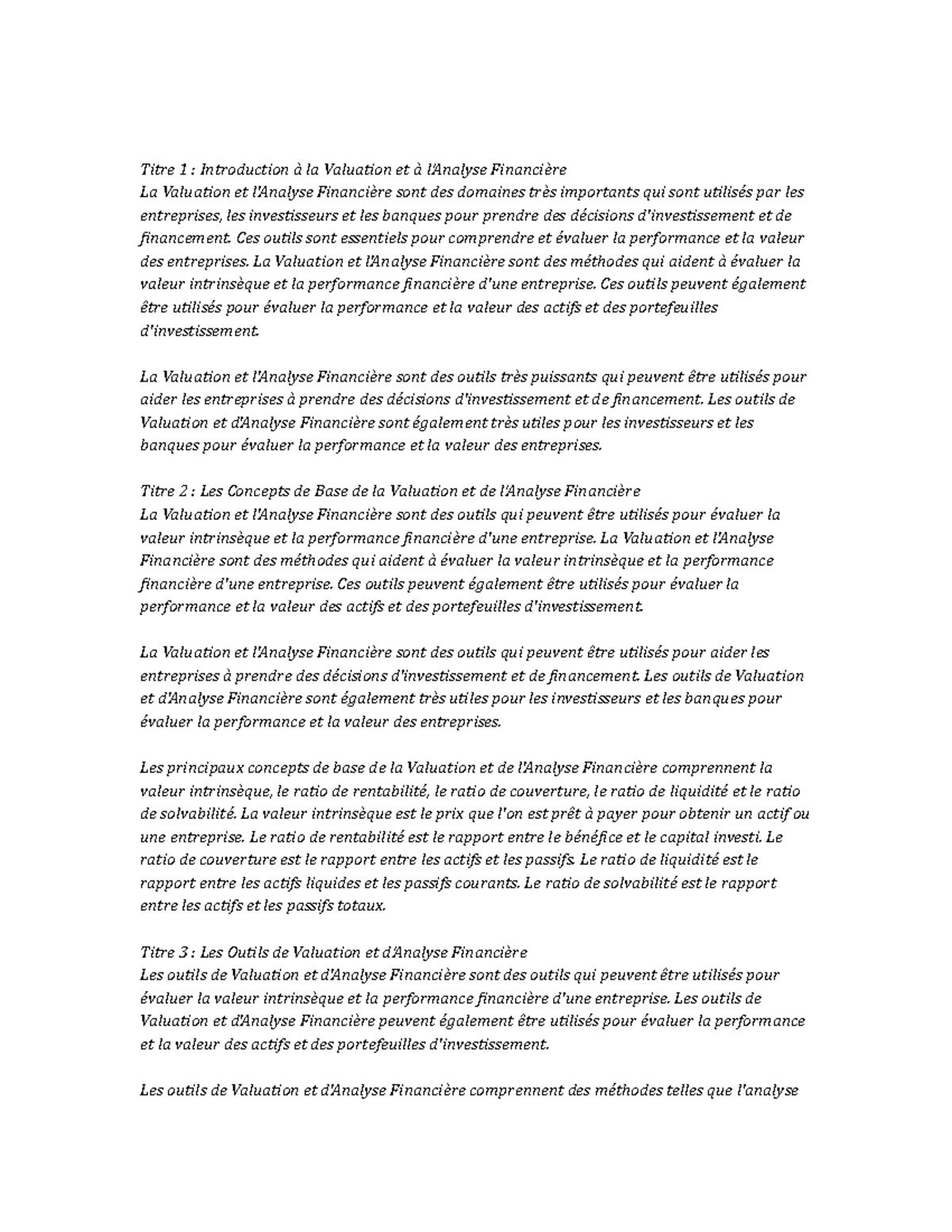 Valuation and Financial Analysis note study - Titre 1 : Introduction à ...