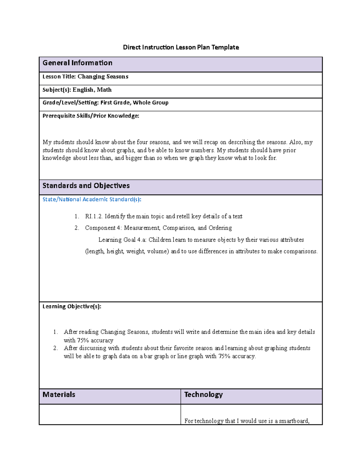 Task one - n/a - Direct Instruction Lesson Plan Template General ...
