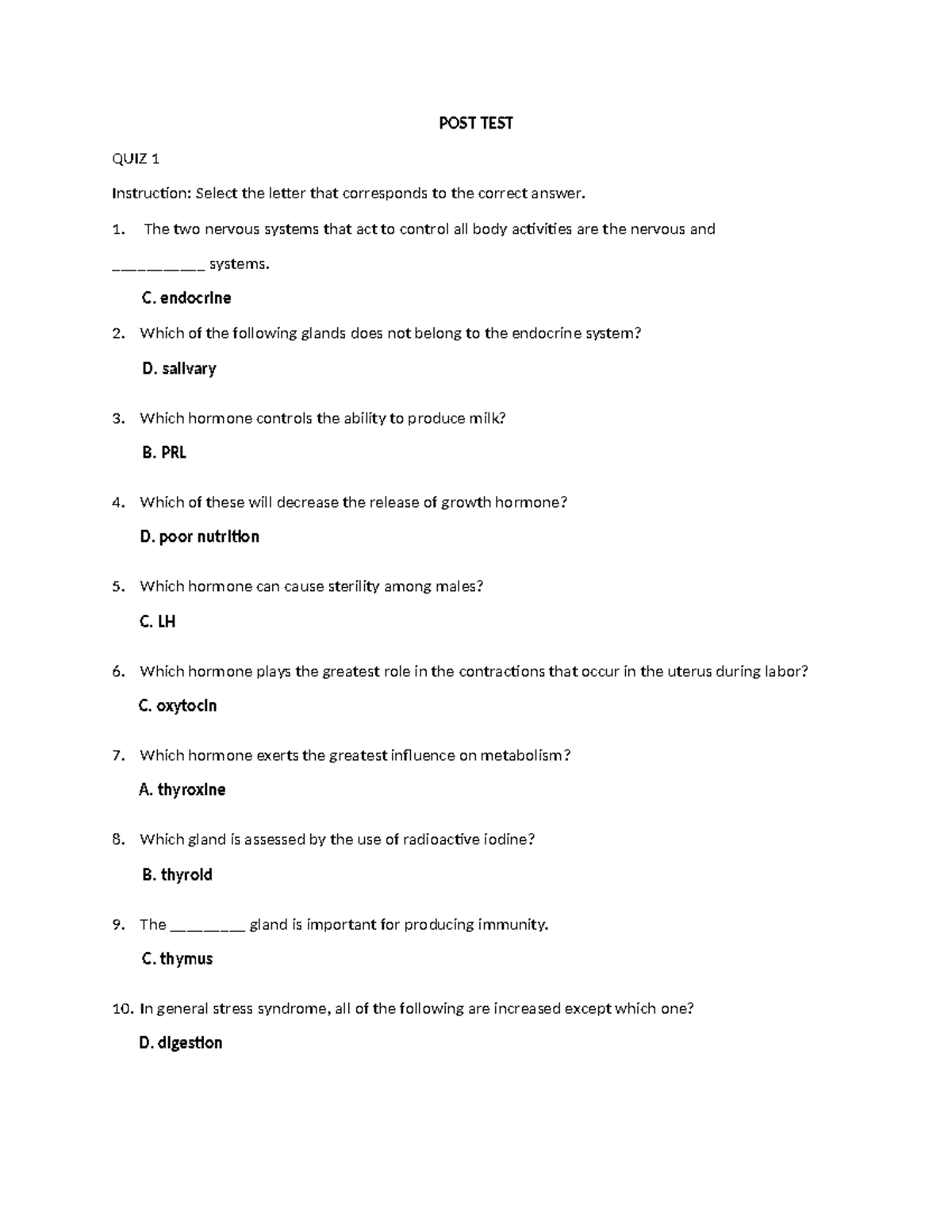 MS Quiz - sdl - POST TEST QUIZ 1 Instruction: Select the letter that ...