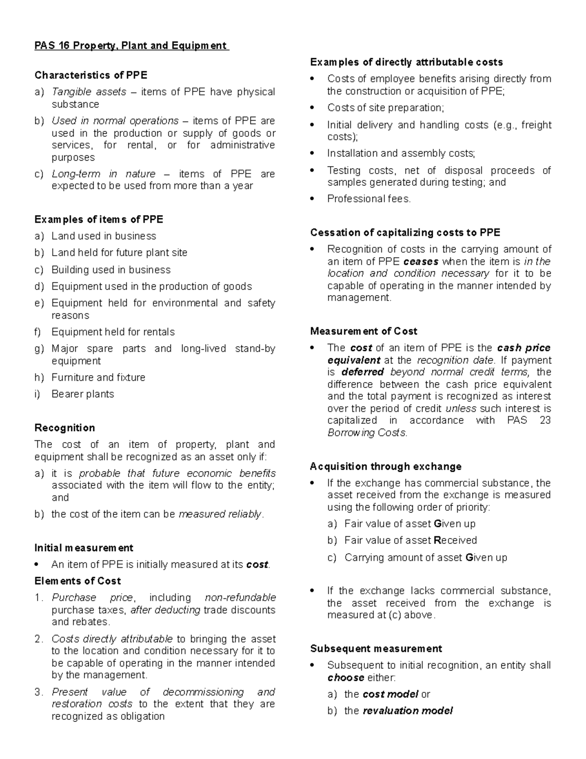 Conceptual Framework and Accounting Standards: PAS 16 Property, Plant and Equipment - Studocu