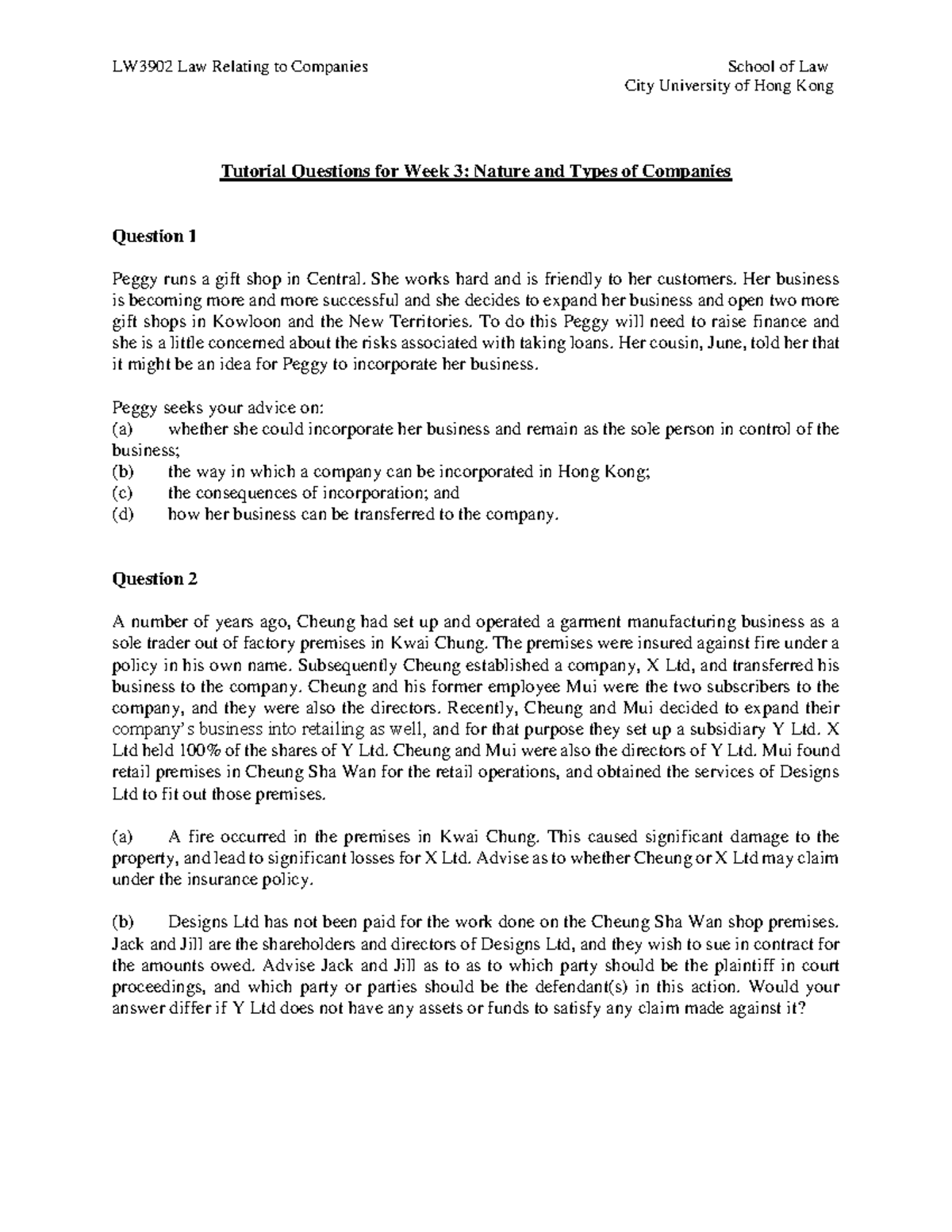 LW3902 Tutorial Questions wk3 - LW3902 Law Relating to Companies School ...