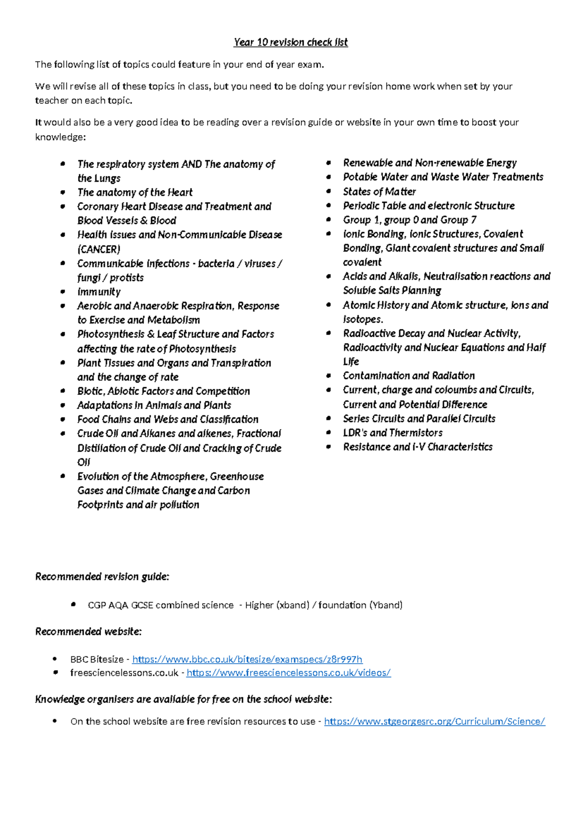 Year 10 combined revision list - Year 10 revision check list The ...