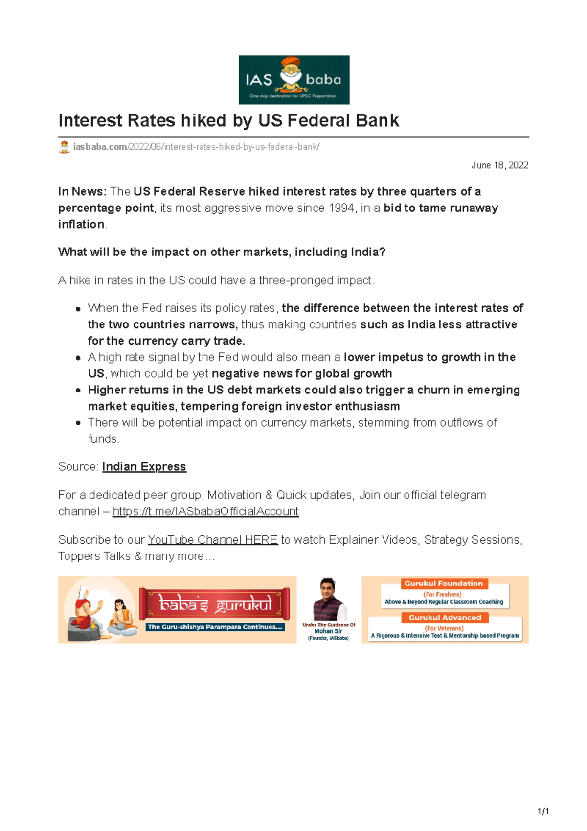 Iasbaba.com-Interest Rates hiked by US Federal Bank - 1/ June 18, 2022 ...