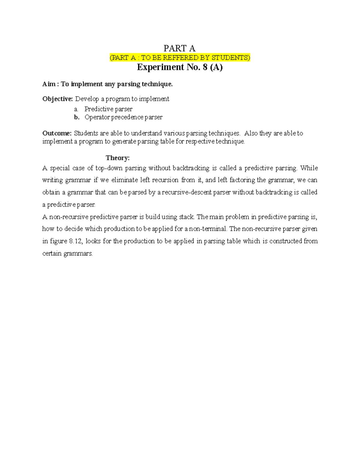A16 SPCC EXP 8 - exp 8 - PART A (PART A : TO BE REFFERED BY STUDENTS) Experiment No. 8 (A) Aim ...