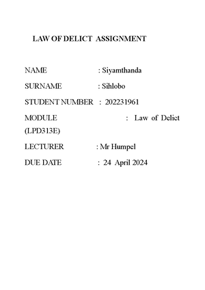 LAW OF Delict Assignment - LAW OF DELICT ASSIGNMENT In the context of ...