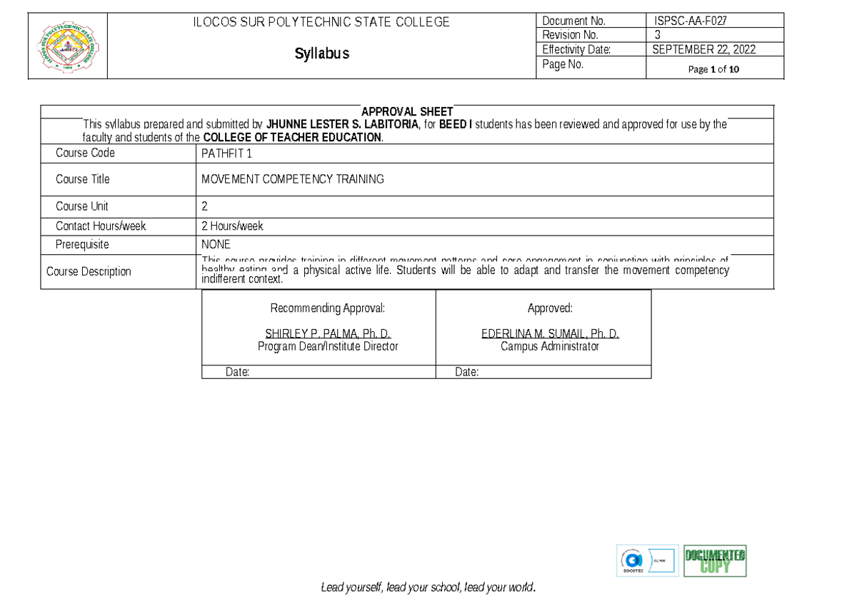 Phat Fit 1 Syllabus - Page 1 of 10 ILOCOS SUR POLYTECHNIC STATE COLLEGE ...
