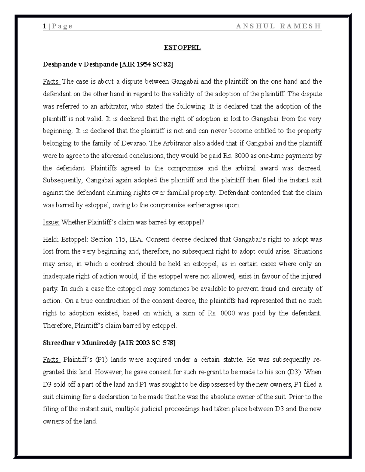 Estoppel- Anshul - Notes - 1 | P a g e A N S H U L R A M E S H ESTOPPEL ...