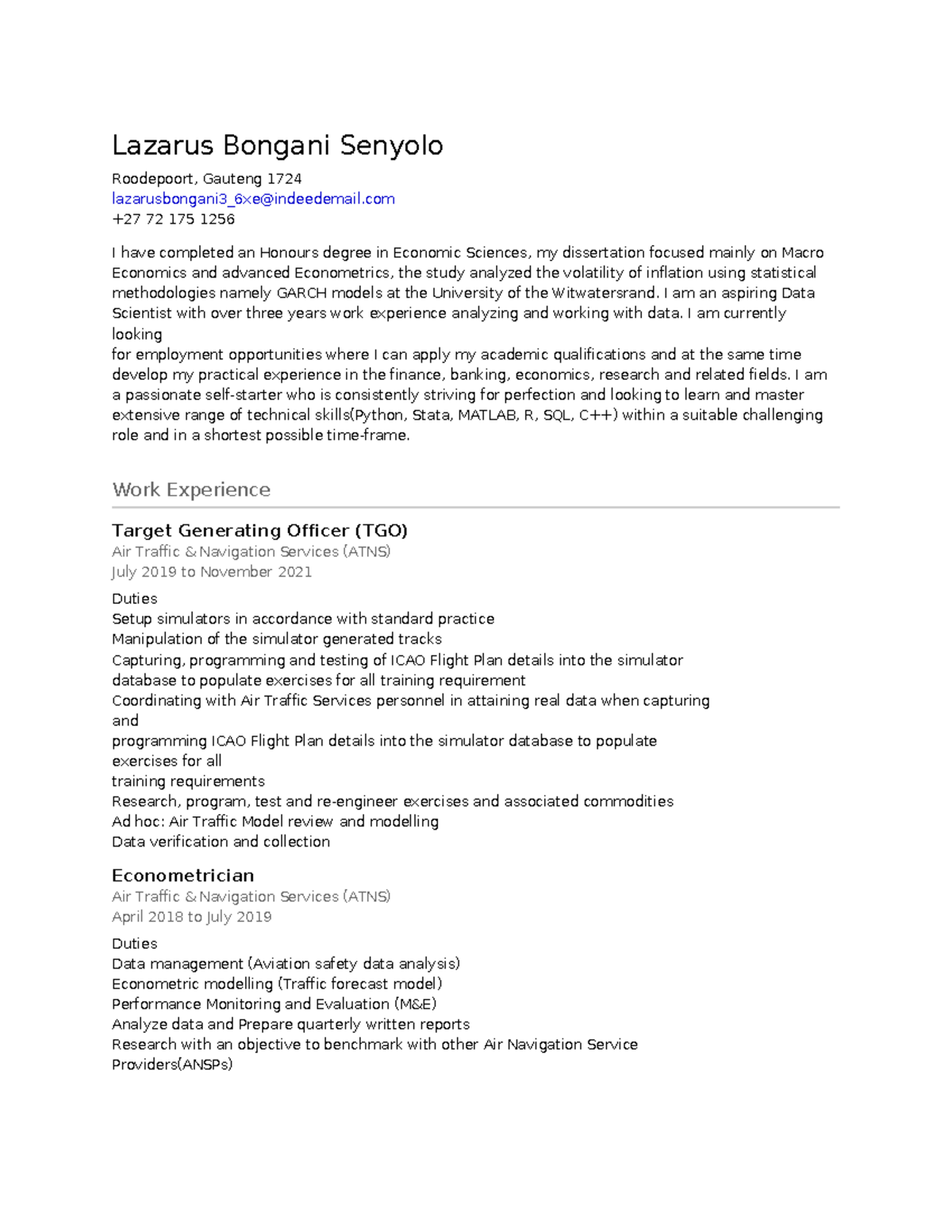 CVLazarus Bongani Senyolo - Lazarus Bongani Senyolo Roodepoort, Gauteng ...