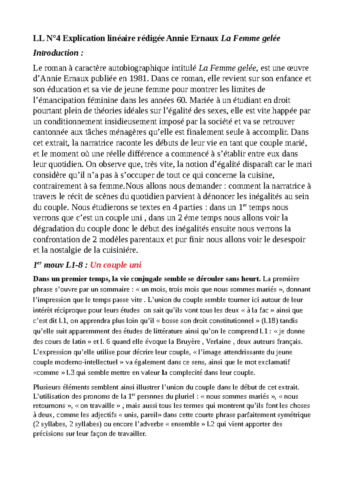 LLN4 AE La femme gelée - lecture linéaire - LL N°4 Explication linéaire ...
