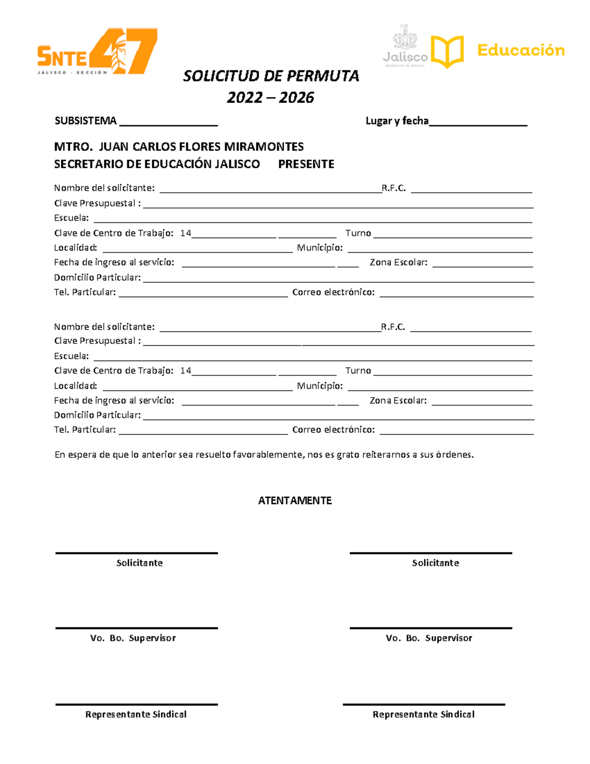 Formato de permuta actual - SOLICITUD DE PERMUTA 2022 – 2026 SUBSISTEMA