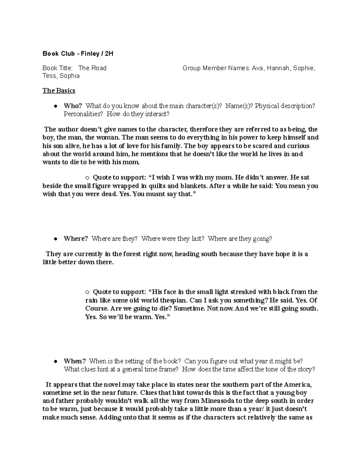 Book Club - The Basics - Book Club - Finley / 2H Book Title: The Road ...