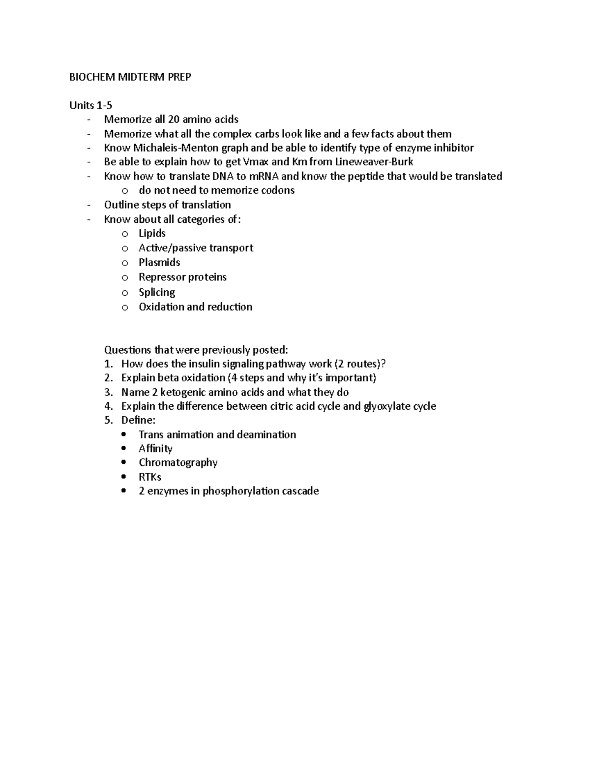 Biochem Midterm FULL Review - BIOCHEM MIDTERM PREP Units 1- Memorize ...