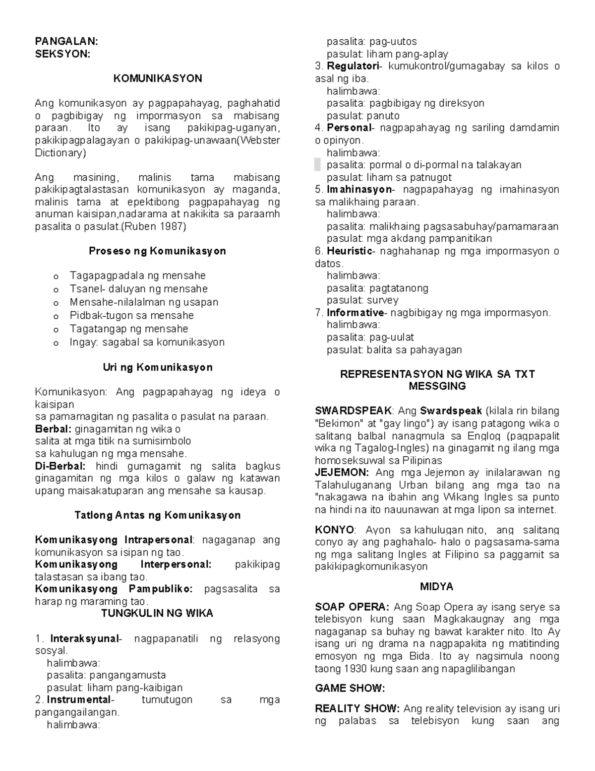 Reviewer-2024 - REVIEWER - PANGALAN: SEKSYON: KOMUNIKASYON Ang komunikasyon ay pagpapahayag ...