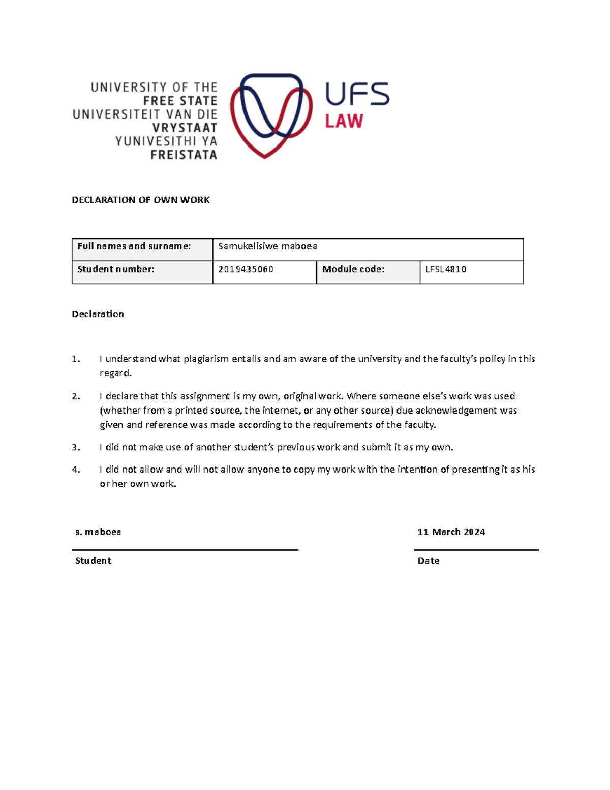 Lfslasignment 1 - DECLARATION OF OWN WORK Full names and surname ...