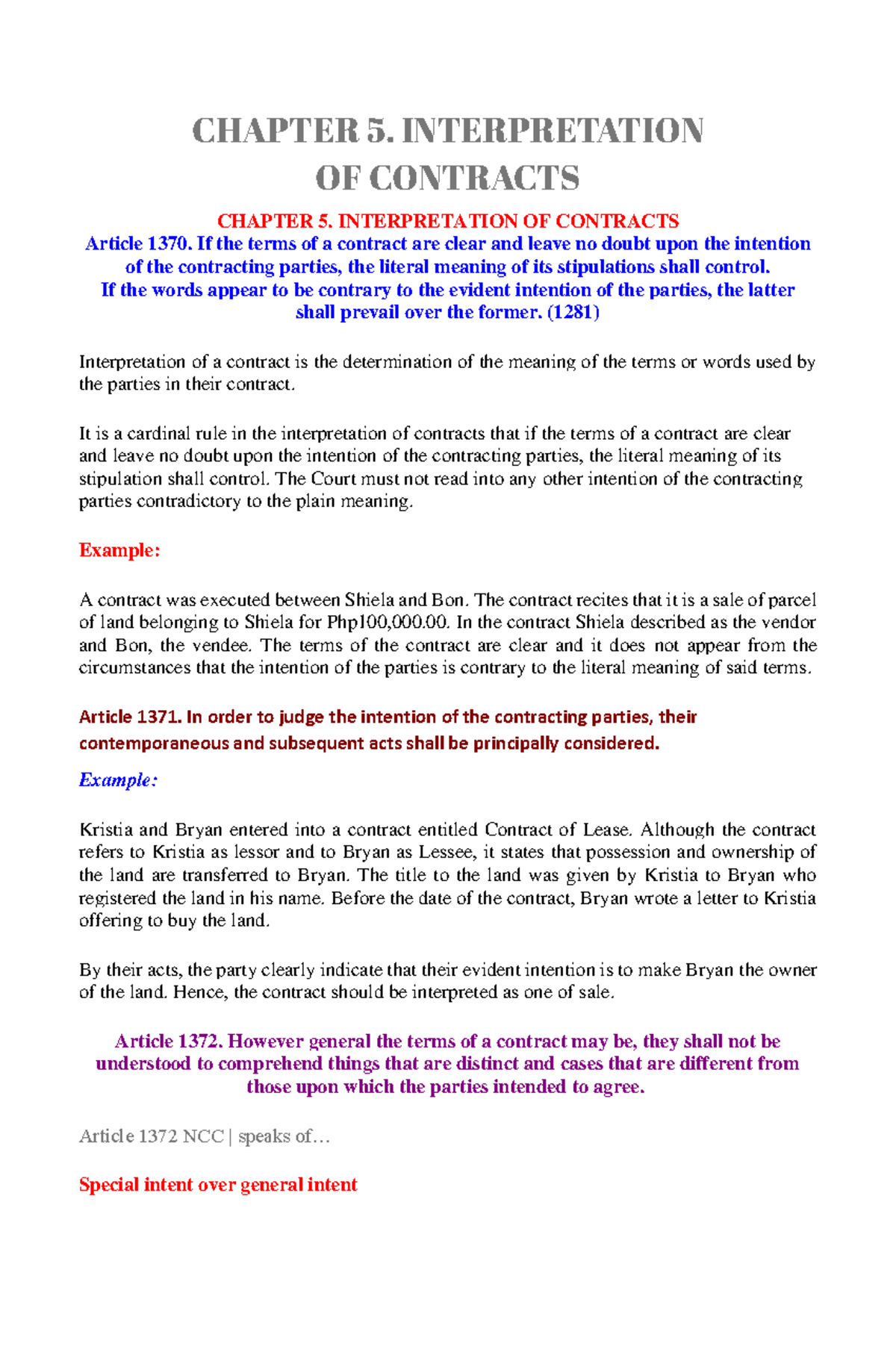 Chapter 5. Interpretation OF Contracts - CHAPTER 5. INTERPRETATION OF CONTRACTS CHAPTER 5. - Studocu