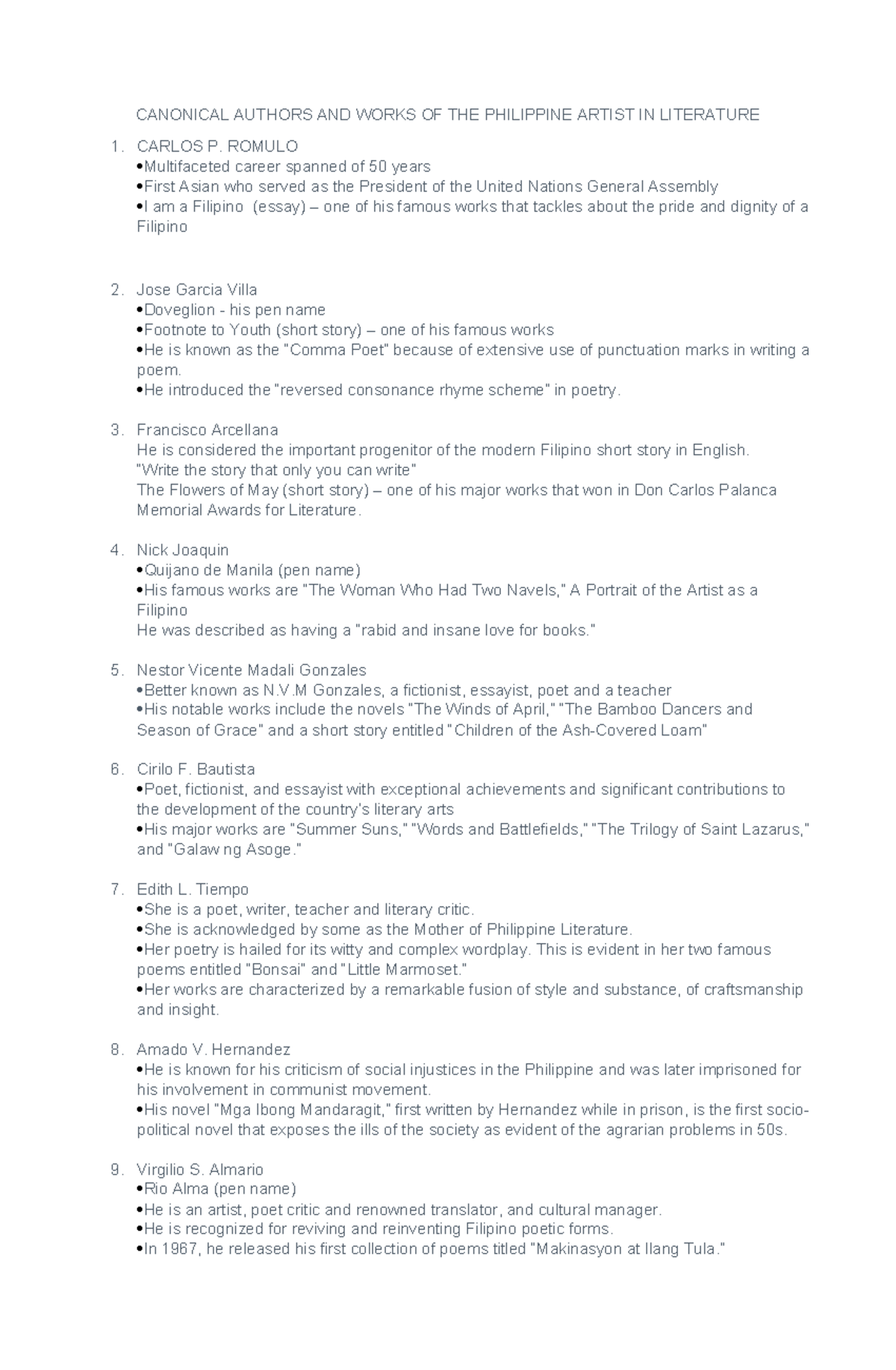 Canonical Authors AND Works OF THE Philippine Artist IN Literature ...