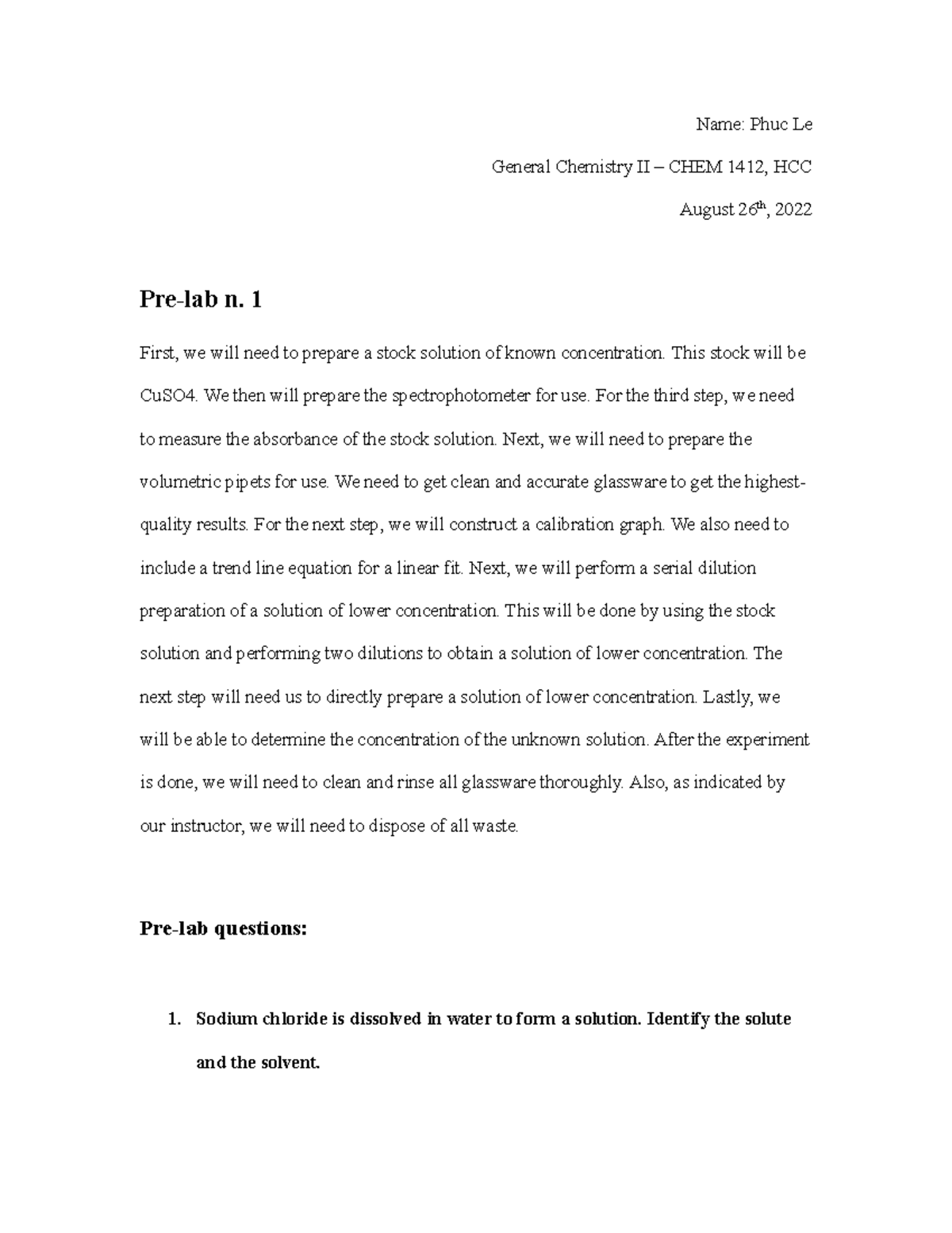 Pre Lab 1 Report CHEM 1412 - Name: Phuc Le General Chemistry II – CHEM ...