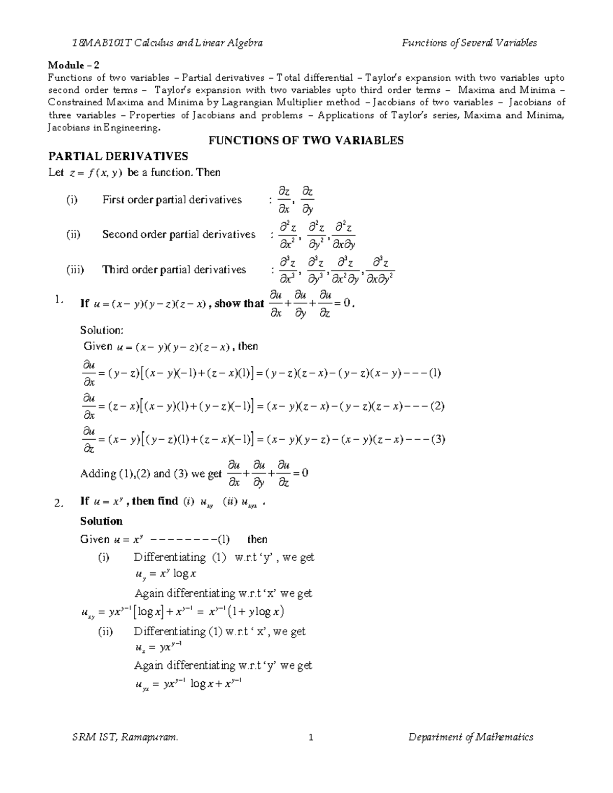 Unit 2 - Functions of Several Variables - Module – 2 Functions of two variables – Partial - Studocu