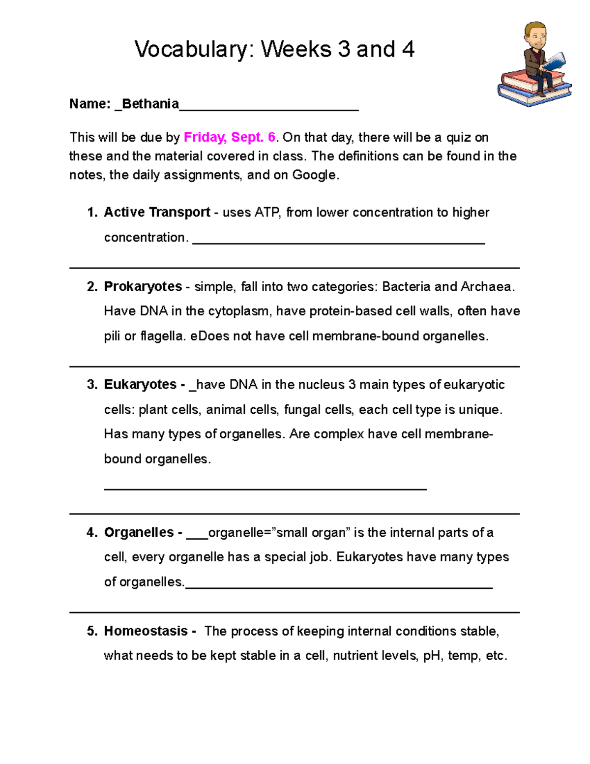 Bethania Michael - Important Vocabulary Weeks 3 and 4 (Due by Friday ...