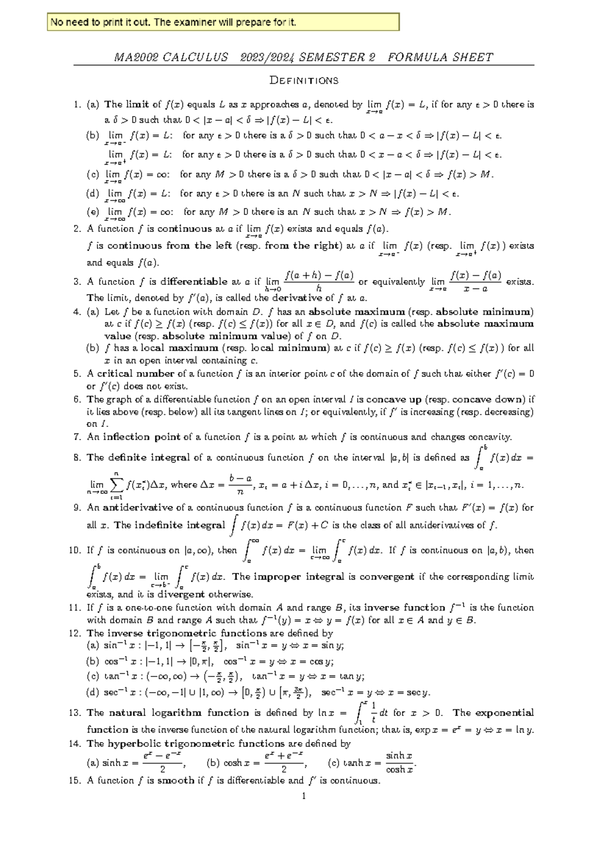 MA2002 Formula Sheet (Exam) - Definitions (a) The limit of f (x) equals L as x approaches a ...