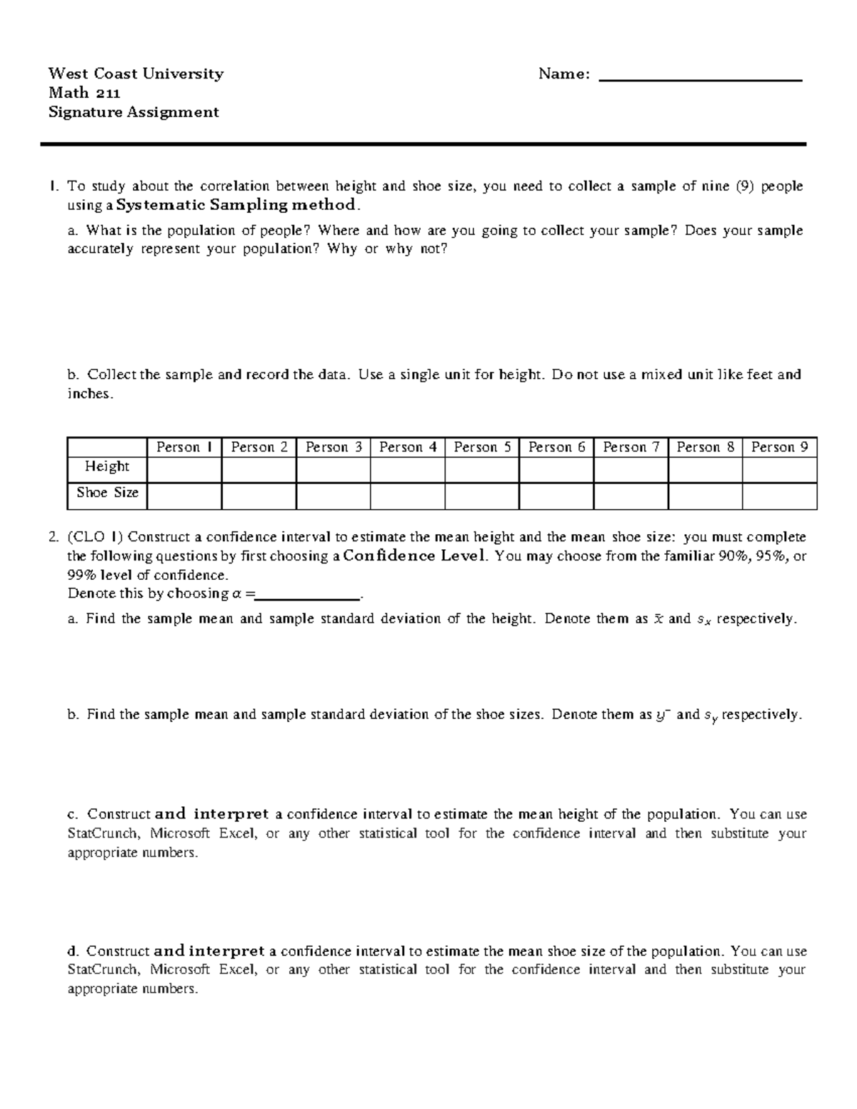 Math 211 Signature Assignment - West Coast University Name: Math 211 ...