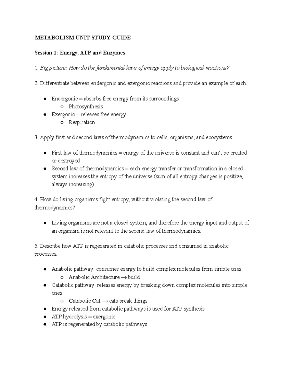 Metabolism Study Guide - METABOLISM UNIT STUDY GUIDE Session 1: Energy ...