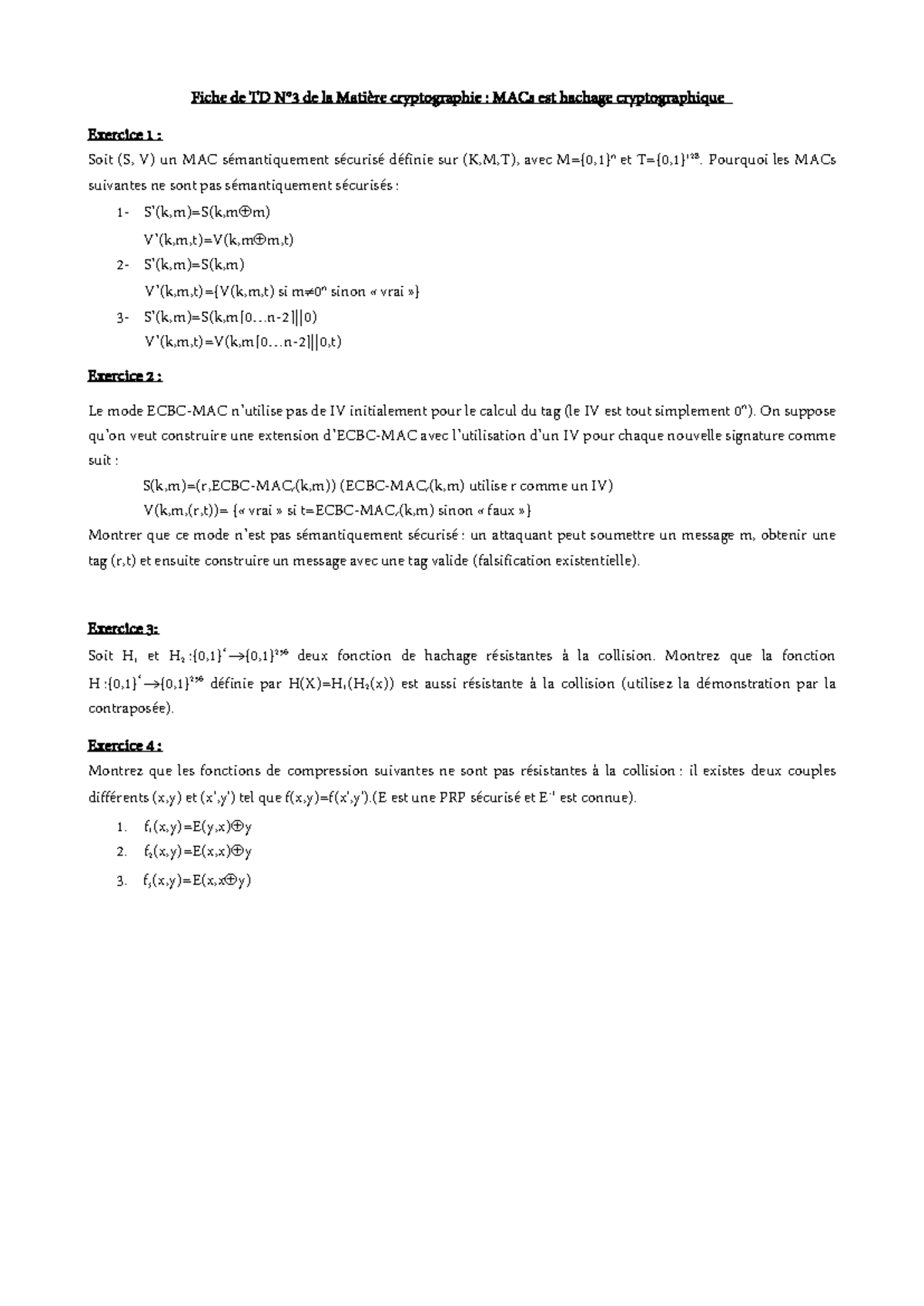 TD3-crypto - Fiche de TD N°3 de la Matière cryptographie : MACs est hachage cryptographique ...