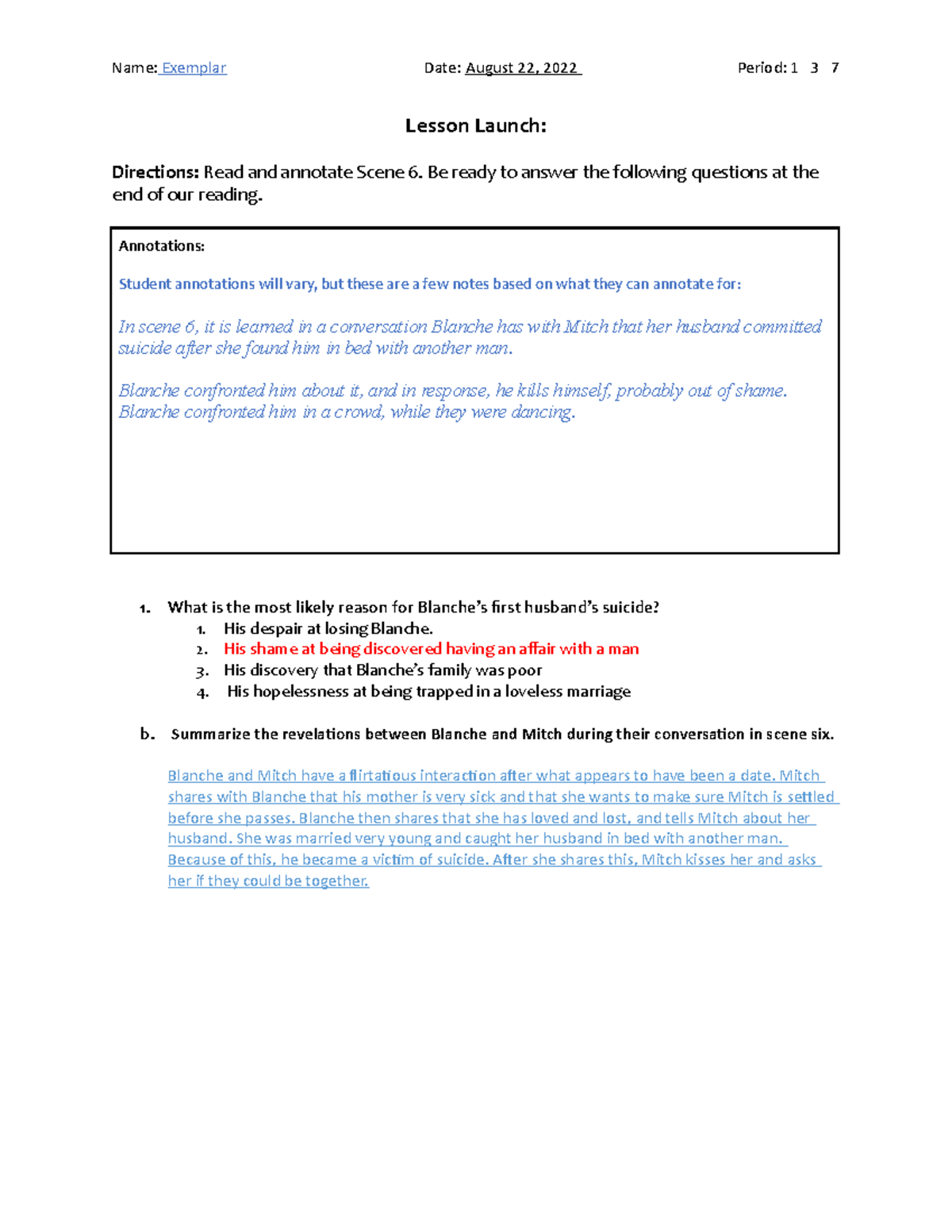 8.22 - Exemplar - Lesson Launch: Directions: Read and annotate Scene 6 ...