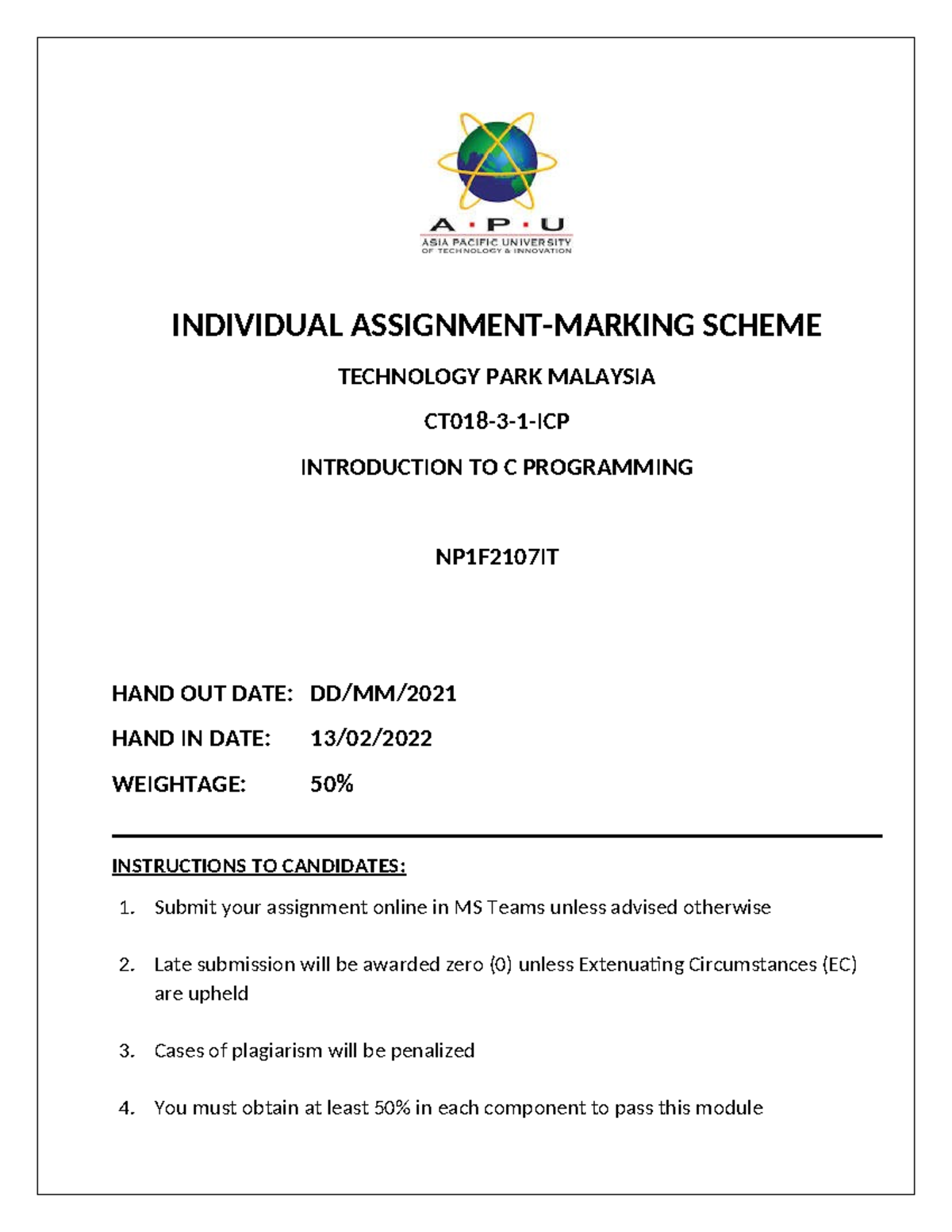 4. ICP Assignment MS Cover - INDIVIDUAL ASSIGNMENT-MARKING SCHEME TECHNOLOGY PARK MALAYSIA - Studocu