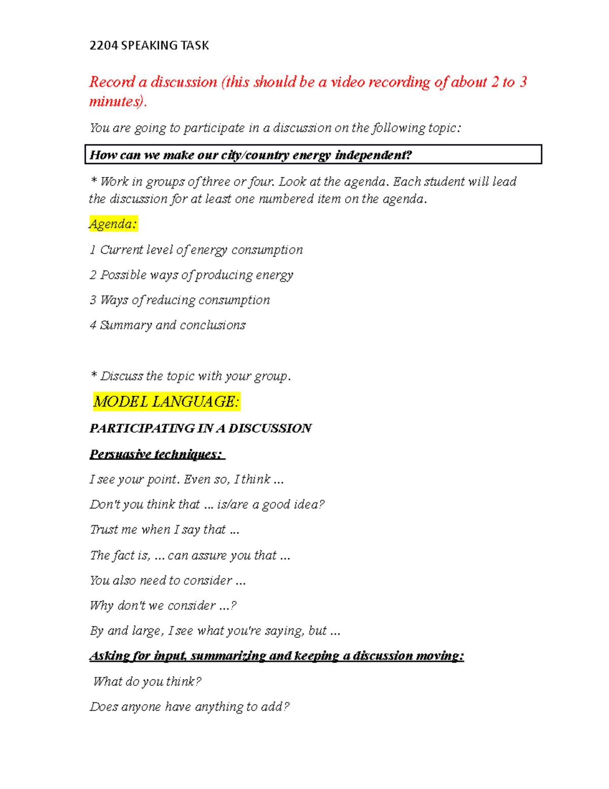 2204 Speaking task - Writing essay - 2204 SPEAKING TASK Record a ...